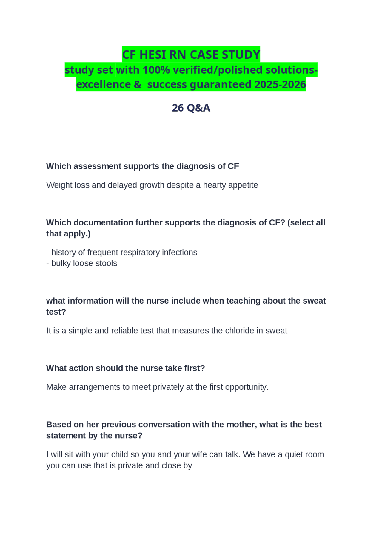 CF HESI RN CASE STUDY study set with 100% verified/polished solutions ...