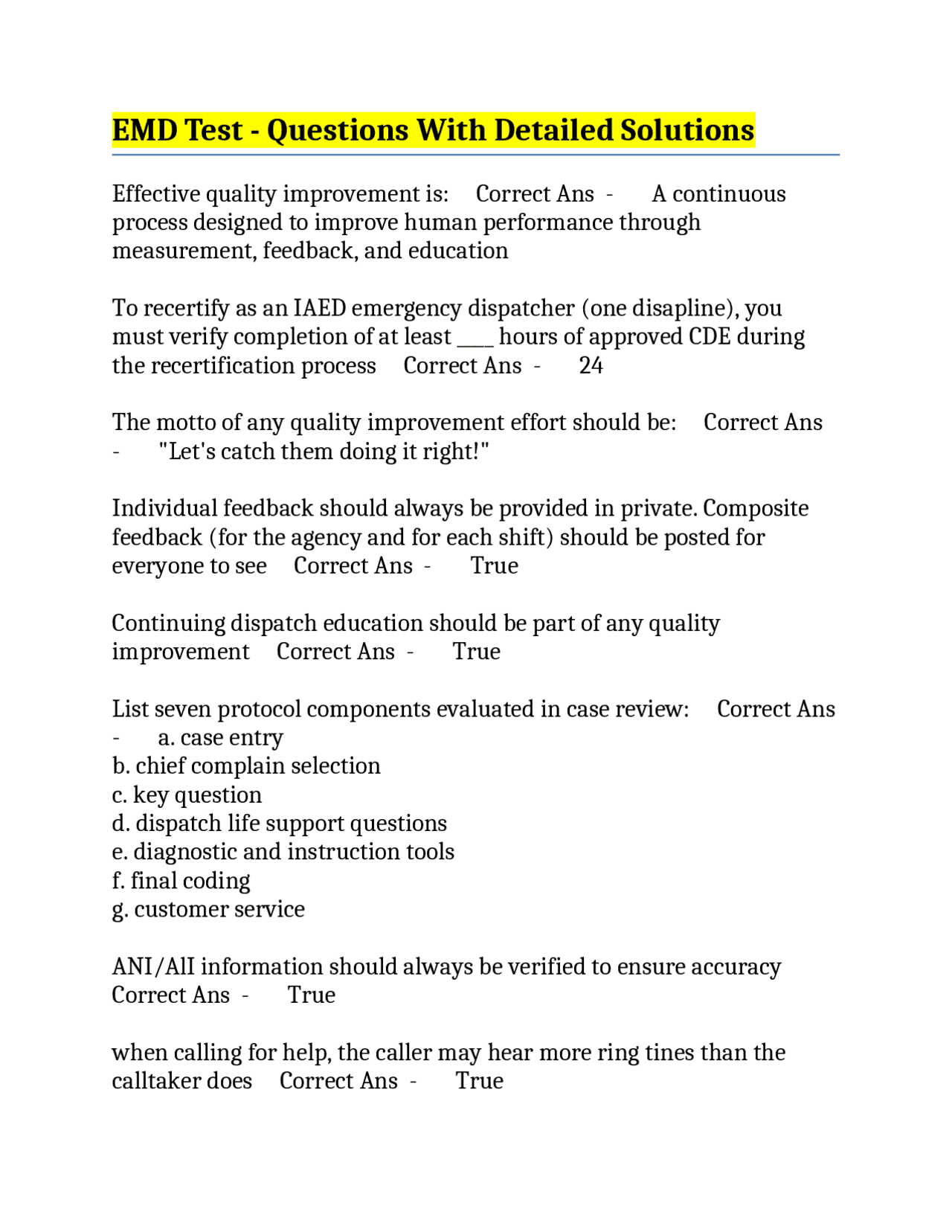 EMD Test - Questions With Detailed Solutions | Exams Nursing | Docsity