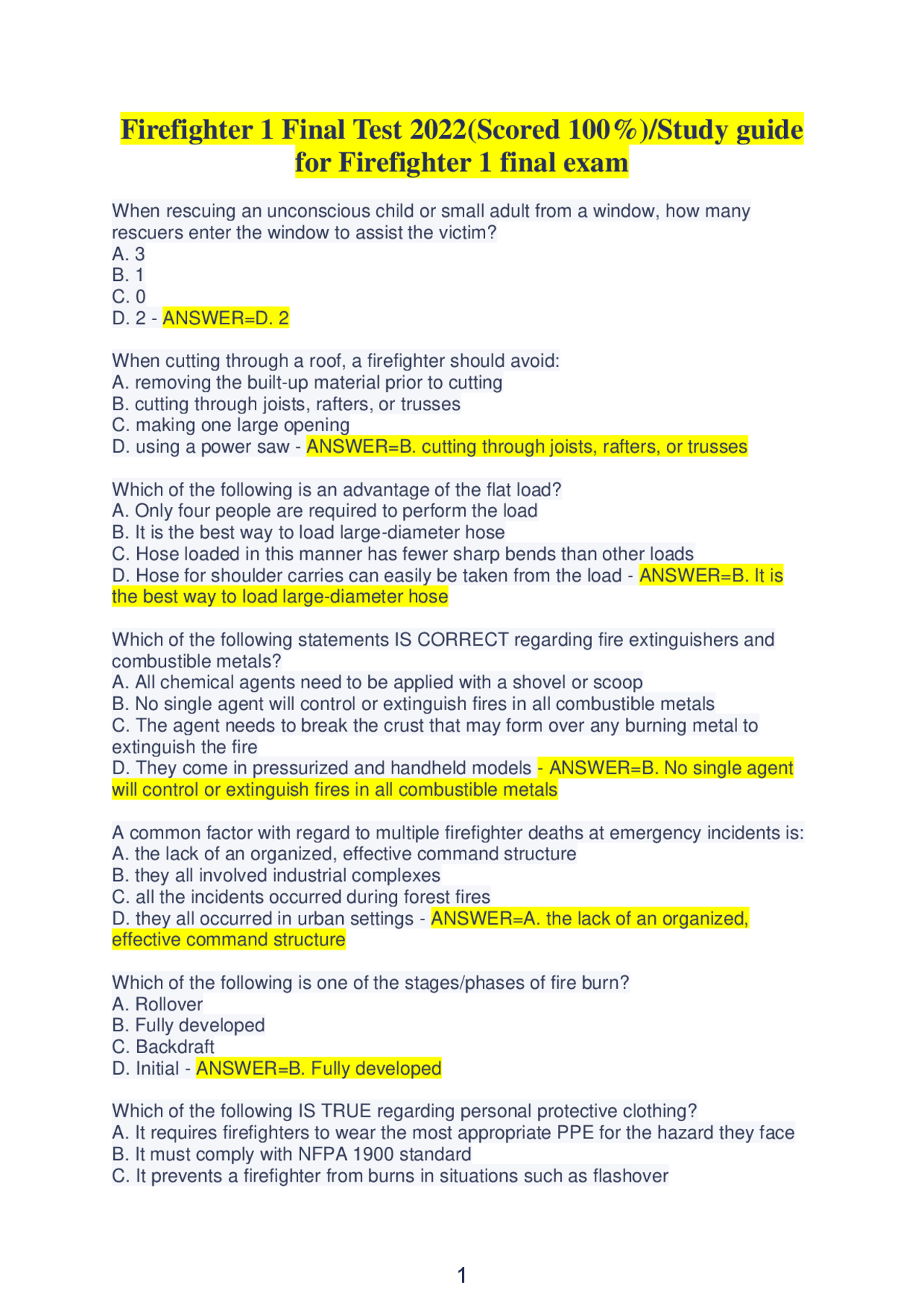 Firefighter 1 Final Test 2022(Scored 100%)/Study guide for Firefighter ...
