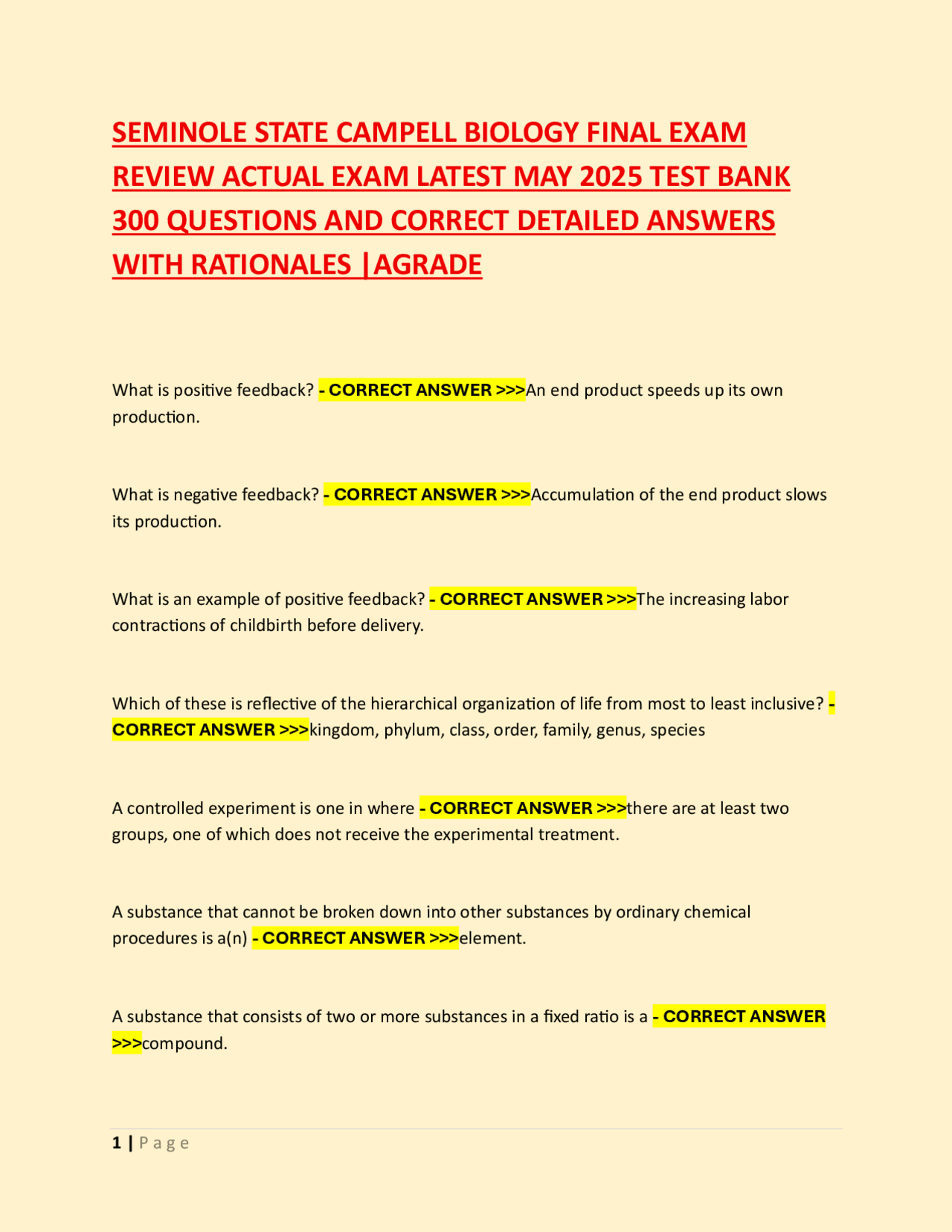 SEMINOLE STATE CAMPELL BIOLOGY FINAL EXAM REVIEW ACTUAL EXAM LATEST MAY ...
