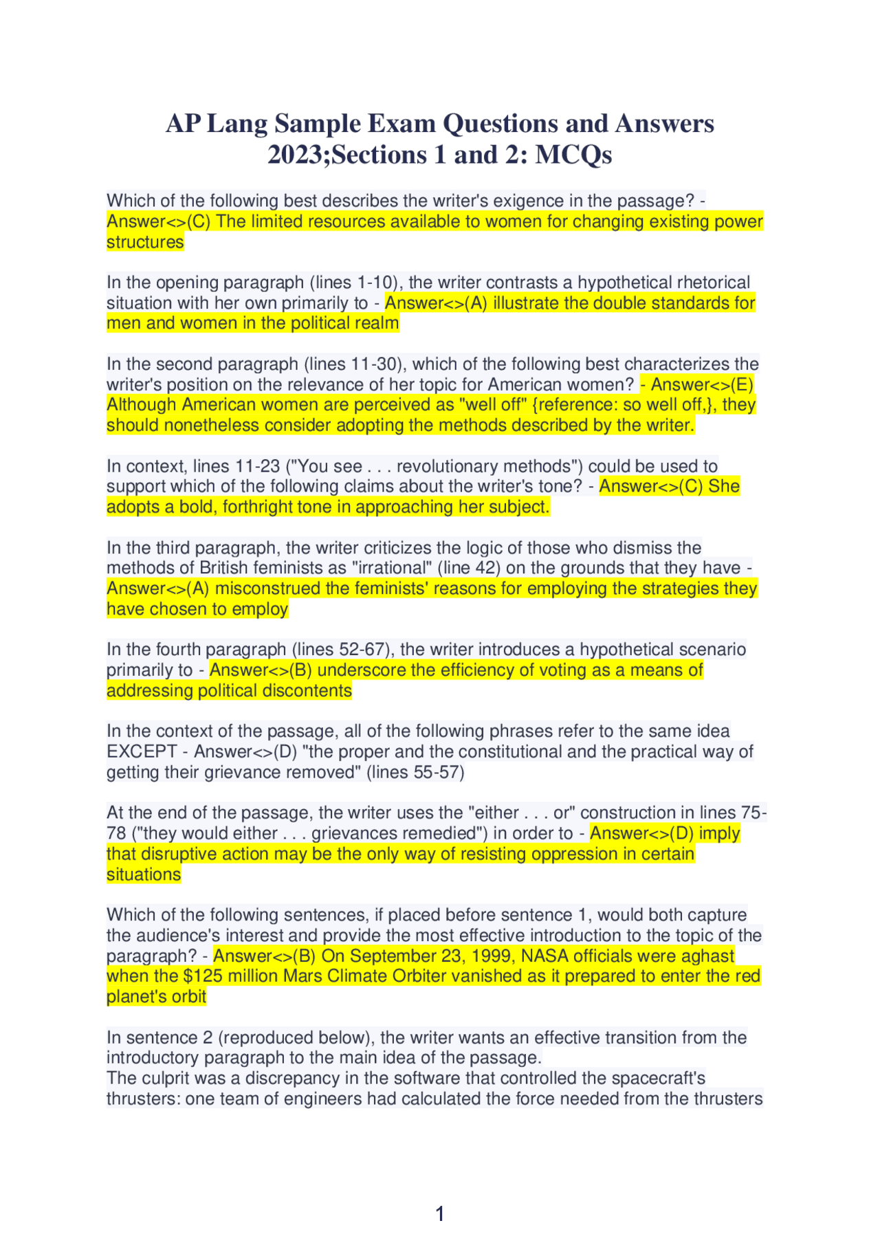 AP Language Exam: Sample Questions and Answers | Exams English ...