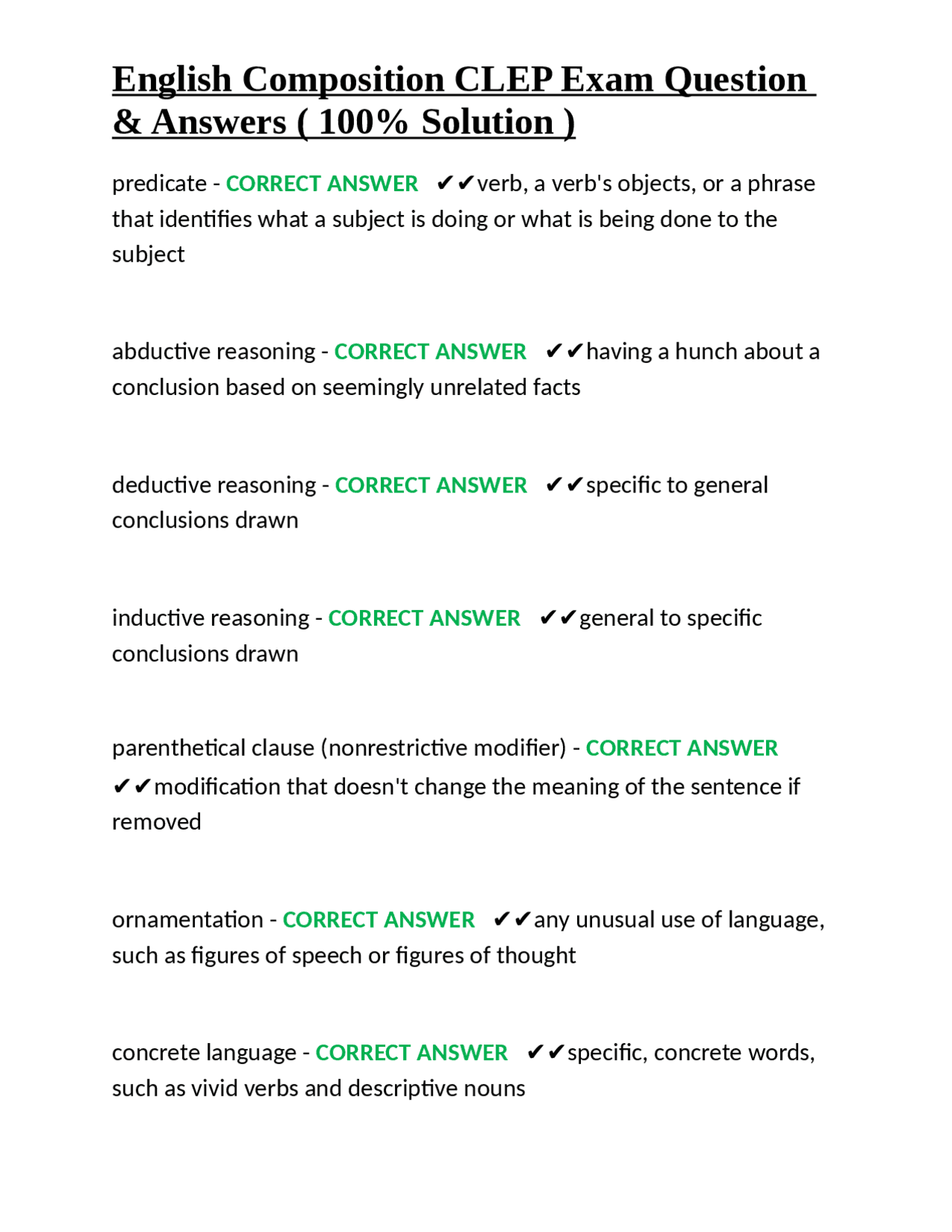English Composition CLEP Exam Question & Answers ( 100% Solution ...