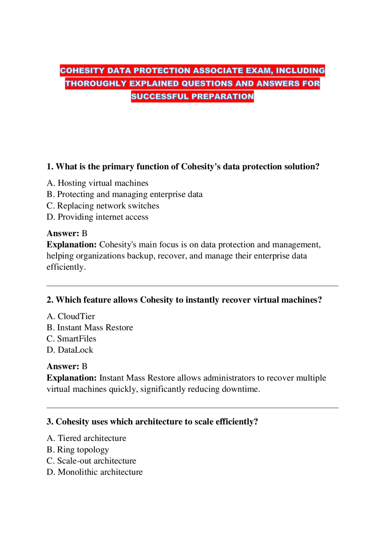 COHESITY DATA PROTECTION ASSOCIATE EXAM, INCLUDING THOROUGHLY EXPLAINED ...