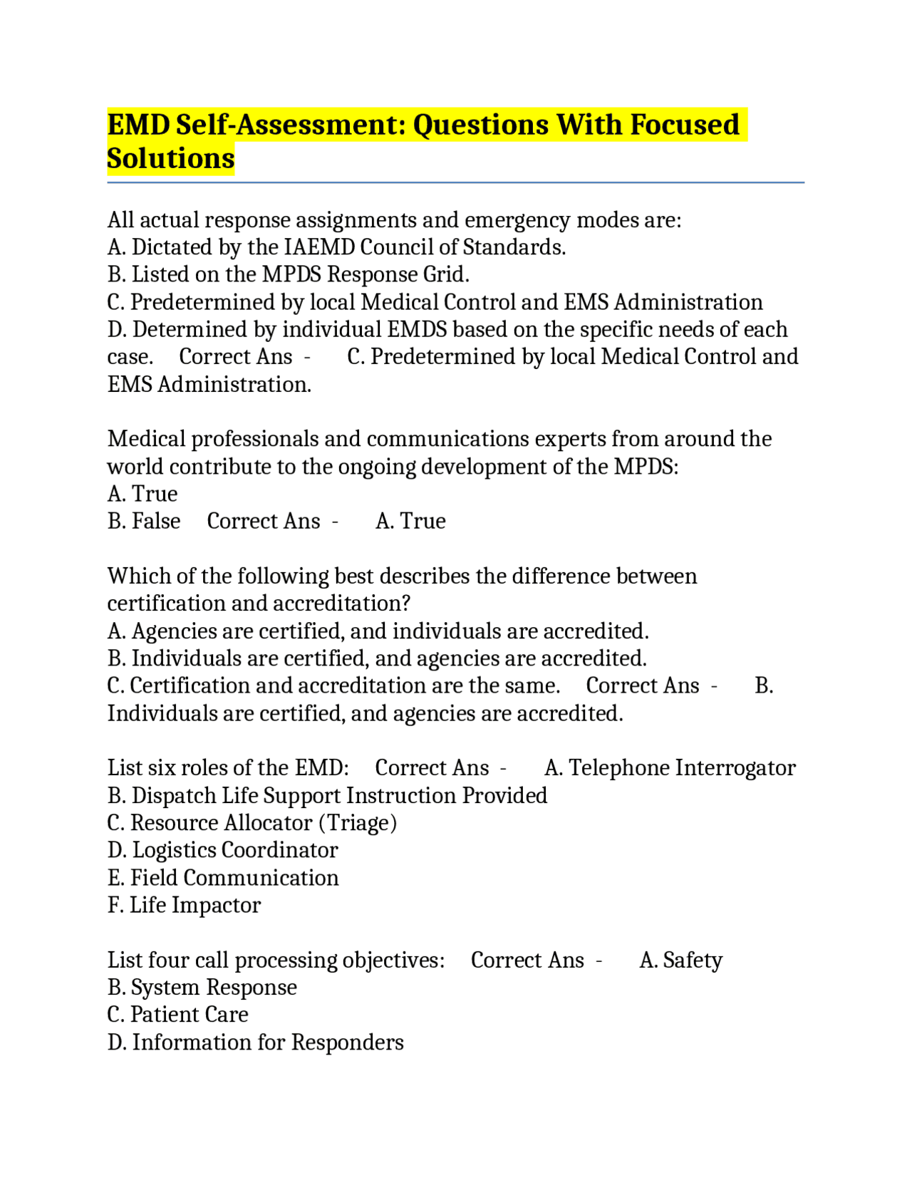 EMD Self-Assessment: Questions With Focused Solutions | Exams Nursing ...