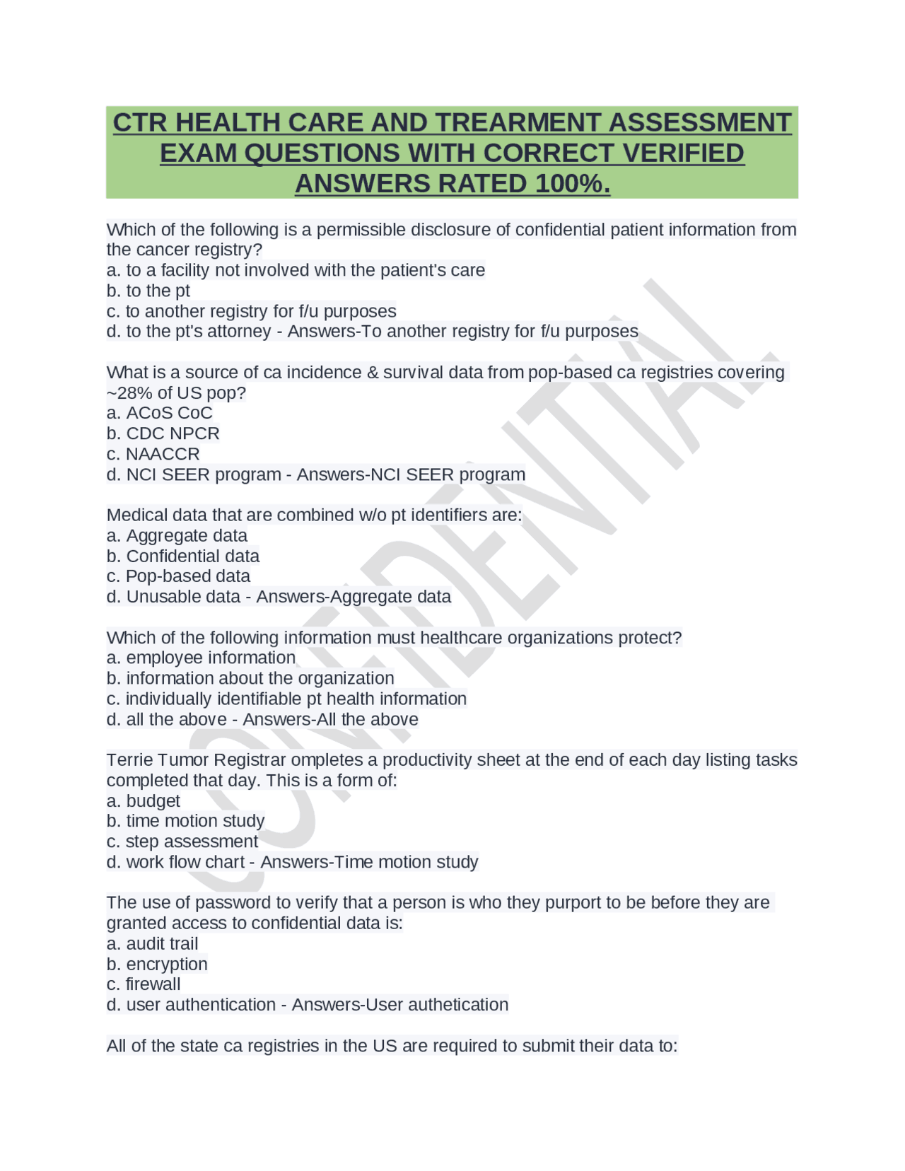 CTR HEALTH CARE AND TREARMENT ASSESSMENT EXAM QUESTIONS WITH CORRECT ...