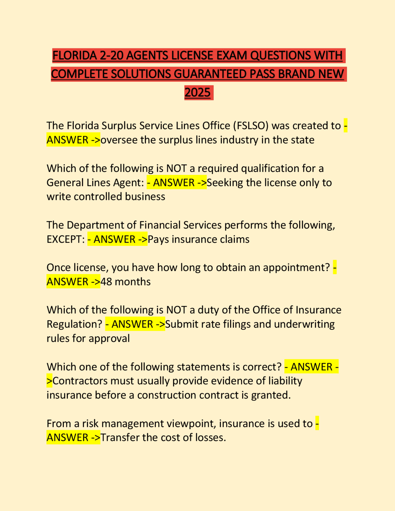 FLORIDA 2-20 AGENTS LICENSE EXAM QUESTIONS WITH COMPLETE SOLUTIONS ...