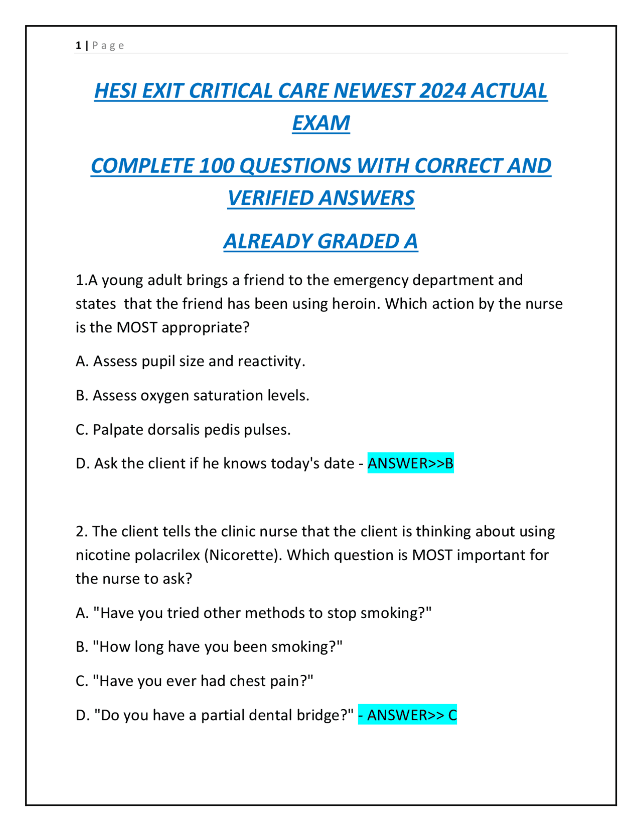 HESI EXIT CRITICAL CARE NEWEST 2024 ACTUAL EXAM COMPLETE 100 QUESTIONS ...