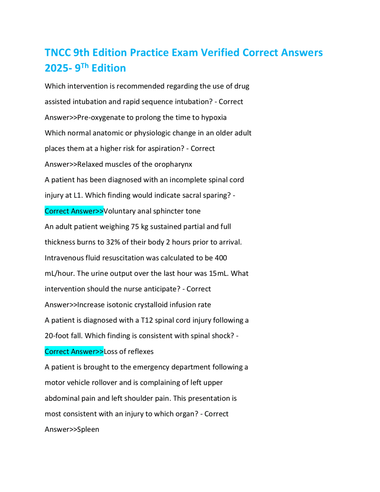 TNCC 9th Edition Practice Exam Verified Correct Answers 2025- 9 Th ...