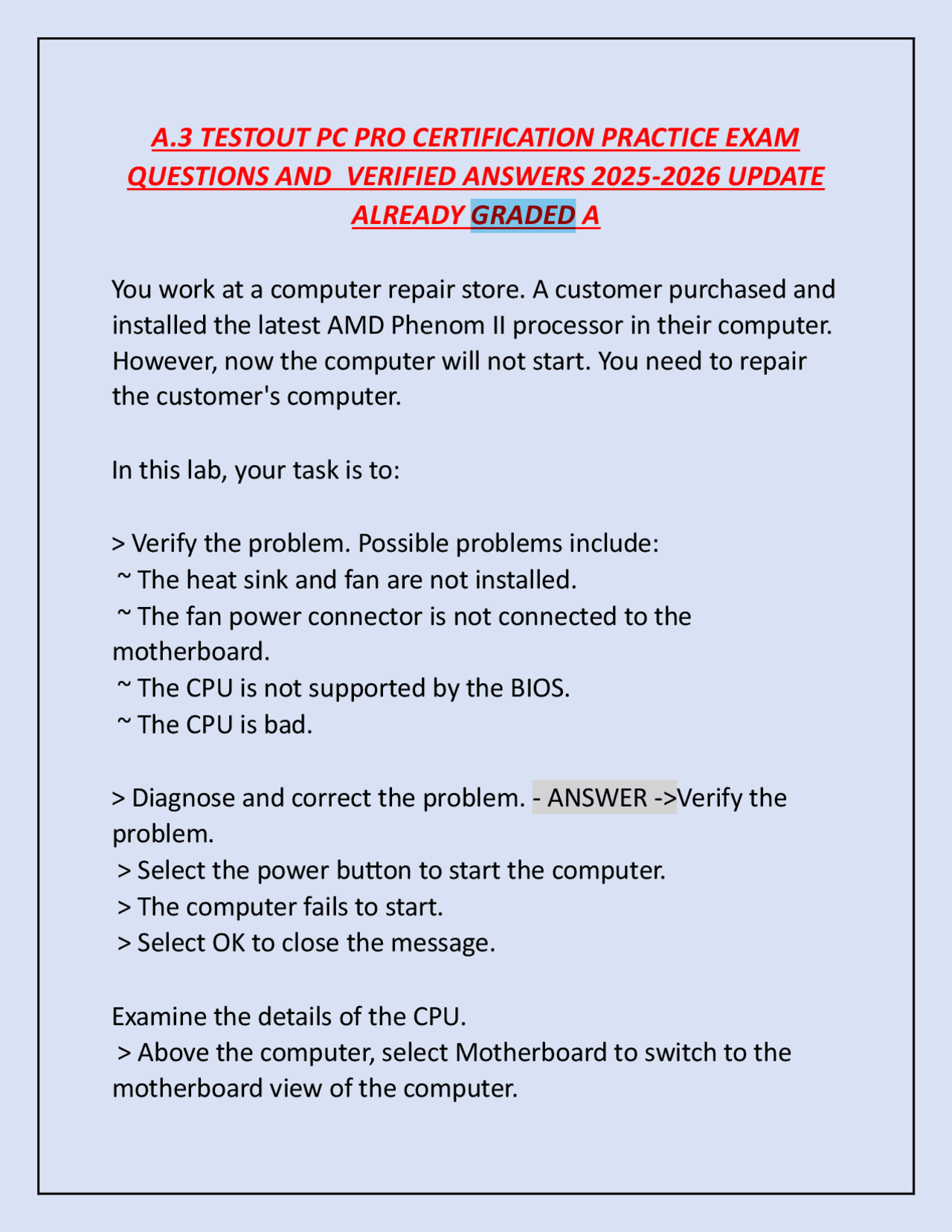 A.3 TESTOUT PC PRO CERTIFICATION PRACTICE EXAM QUESTIONS AND VERIFIED ...