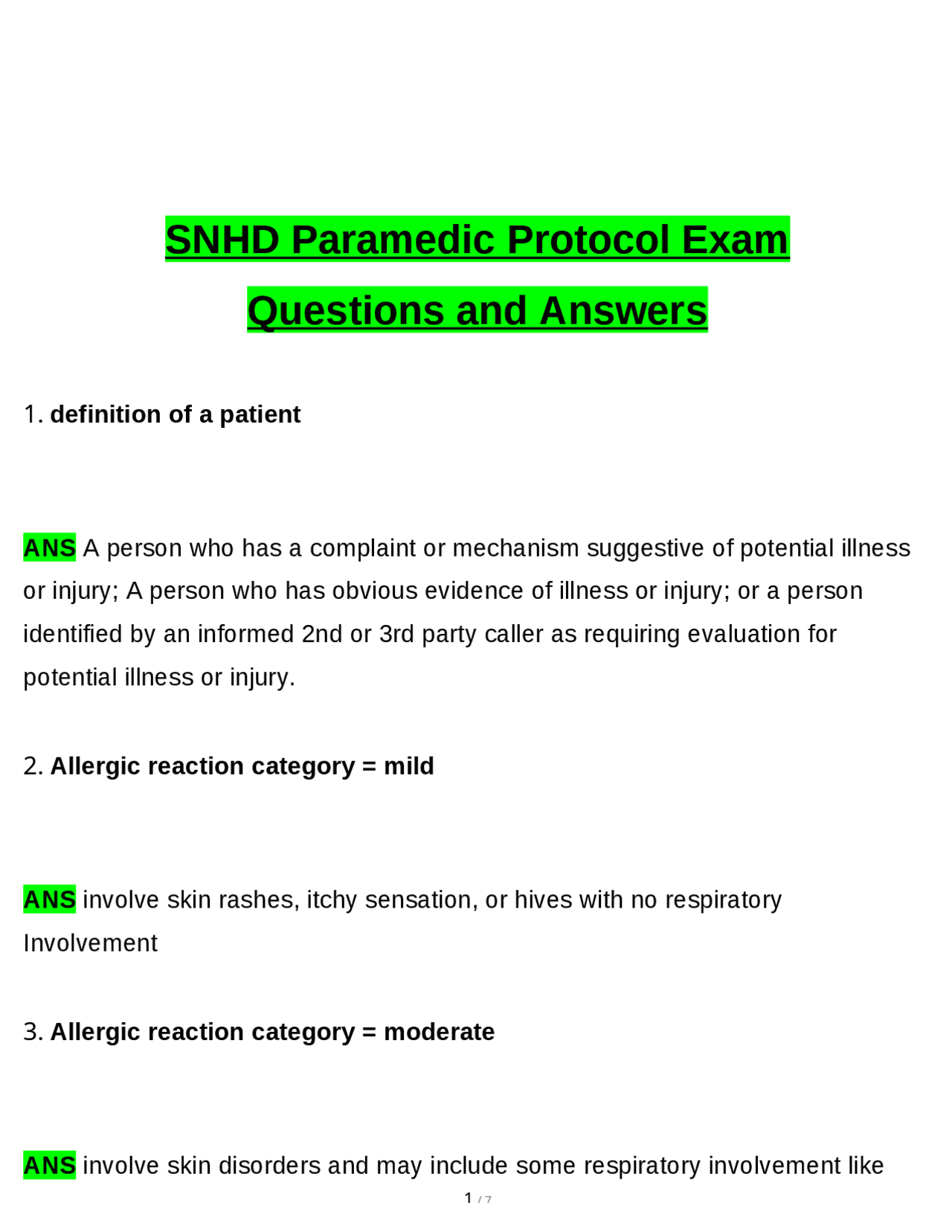SNHD Paramedic Protocol tested questions with revised correct answers ...
