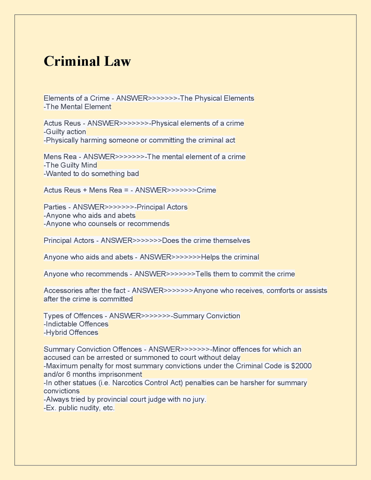 Criminal Law STUDY GUIDE | Exercises Law | Docsity