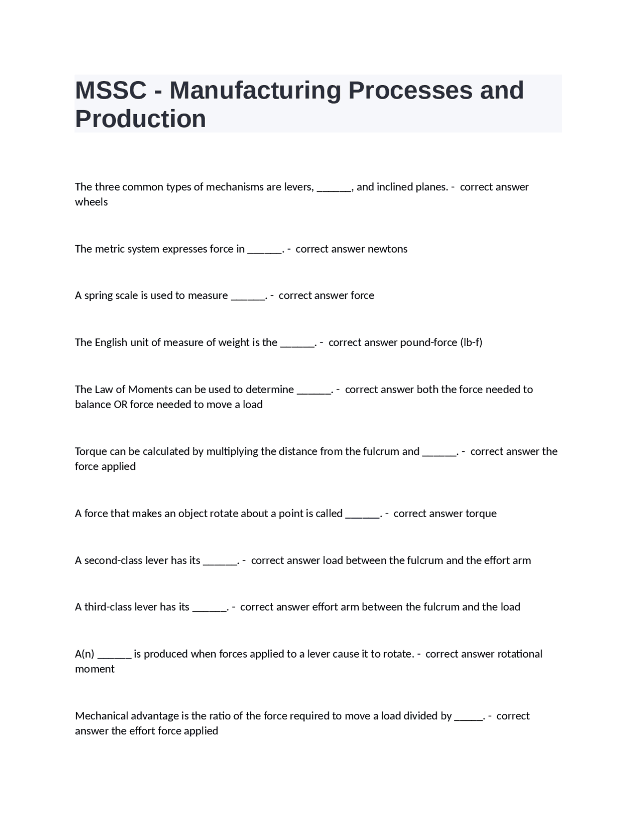 Manufacturing Processes and Production: Q&A Study Guide | Exams Nursing | Docsity