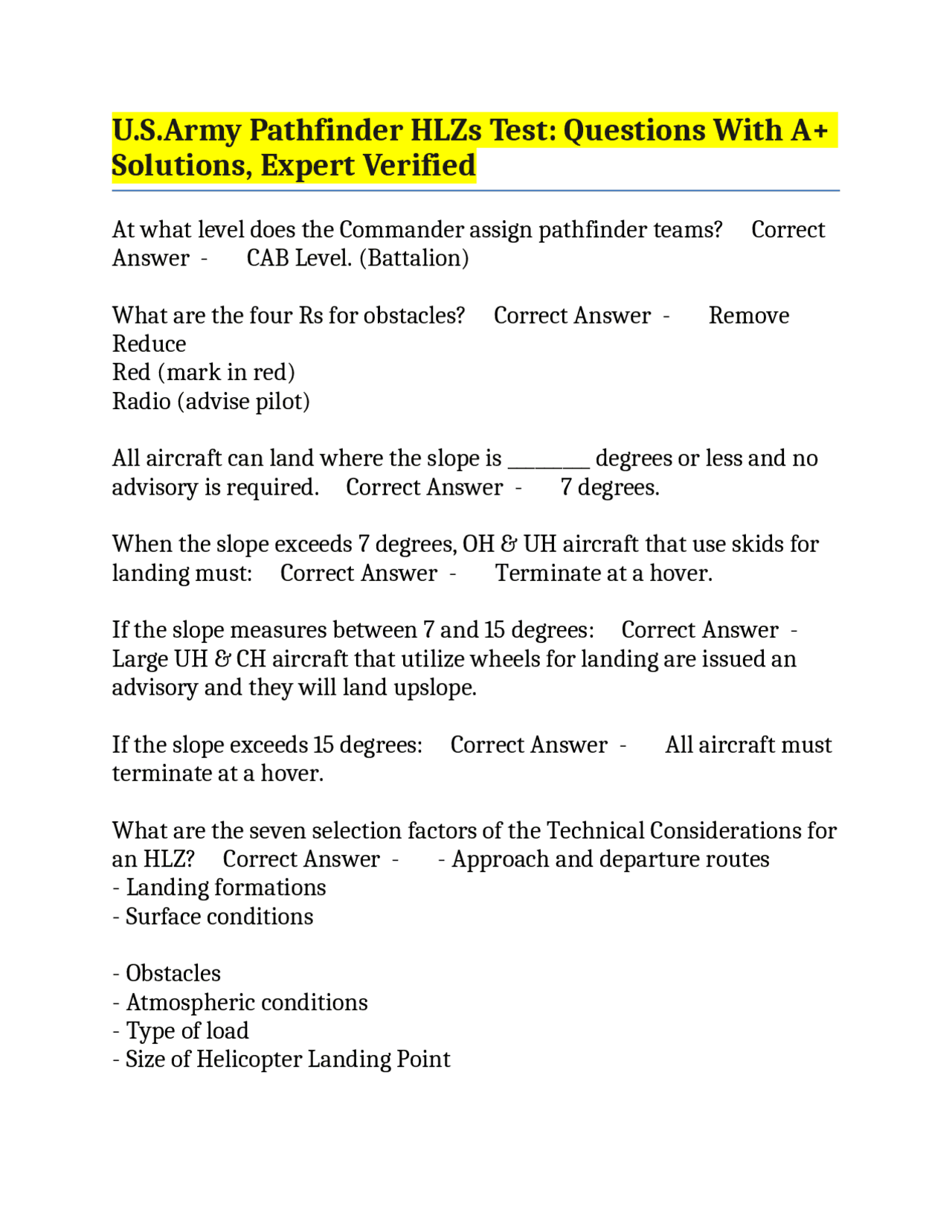 U.S. Army Pathfinder HLZ Test: Questions and Solutions | Exams Nursing ...