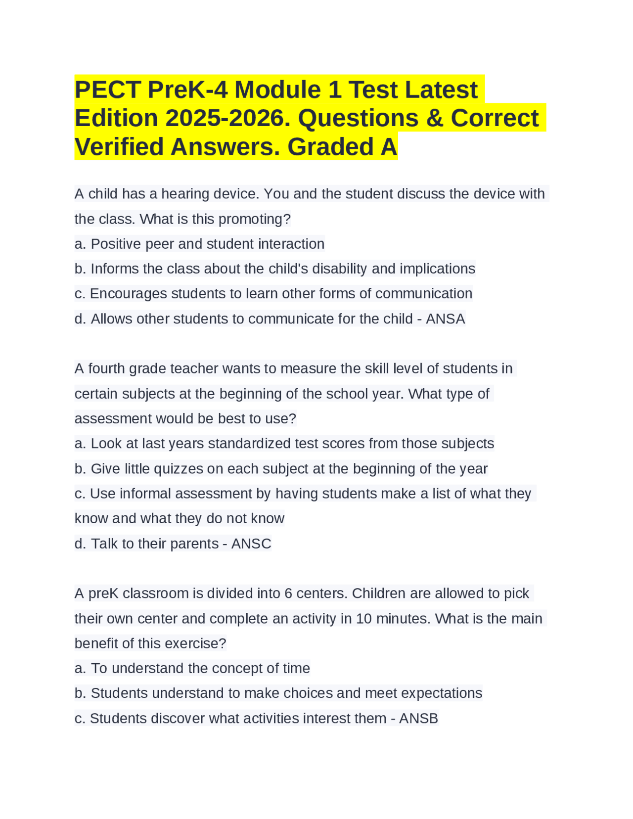 PECT PreK-4 Module 1 Test Latest Edition 2025-2026. Questions & Correct ...