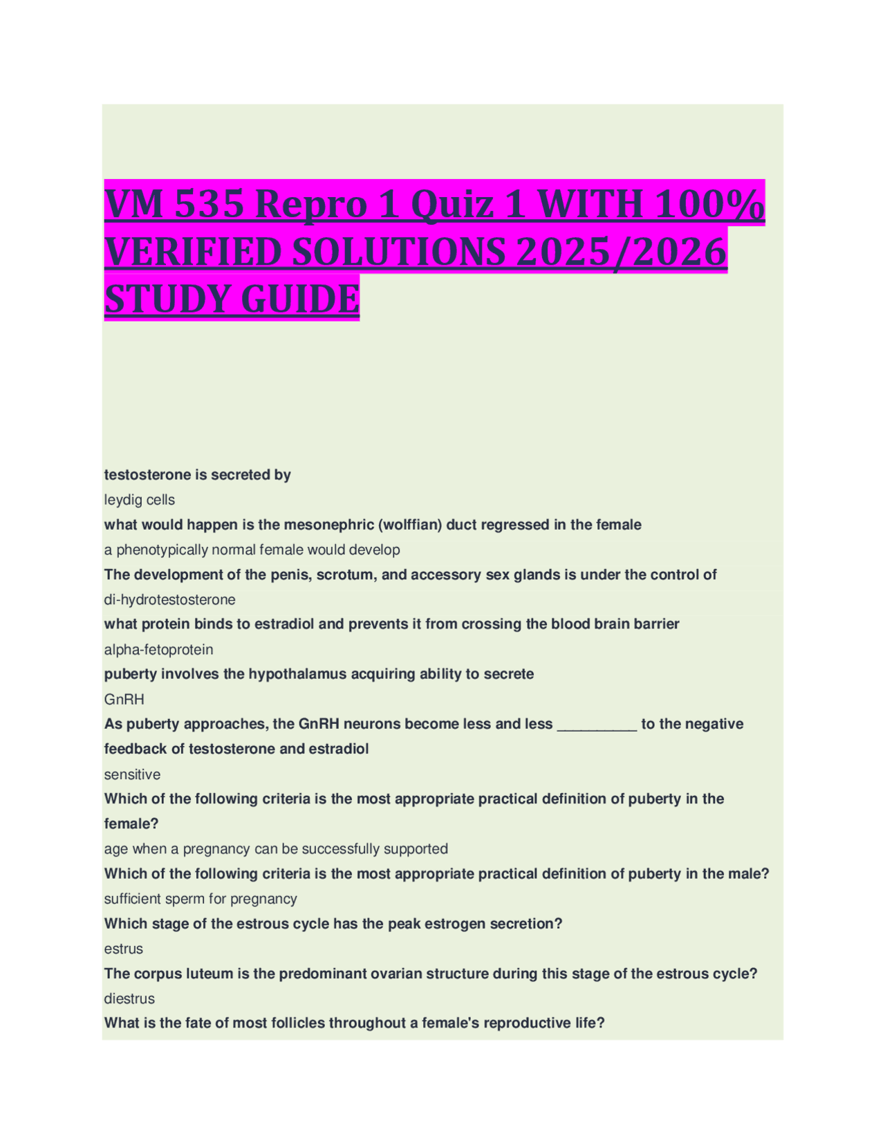 VM 535 Repro 1 Quiz 1 WITH 100% VERIFIED SOLUTIONS 2025/2026 STUDY ...