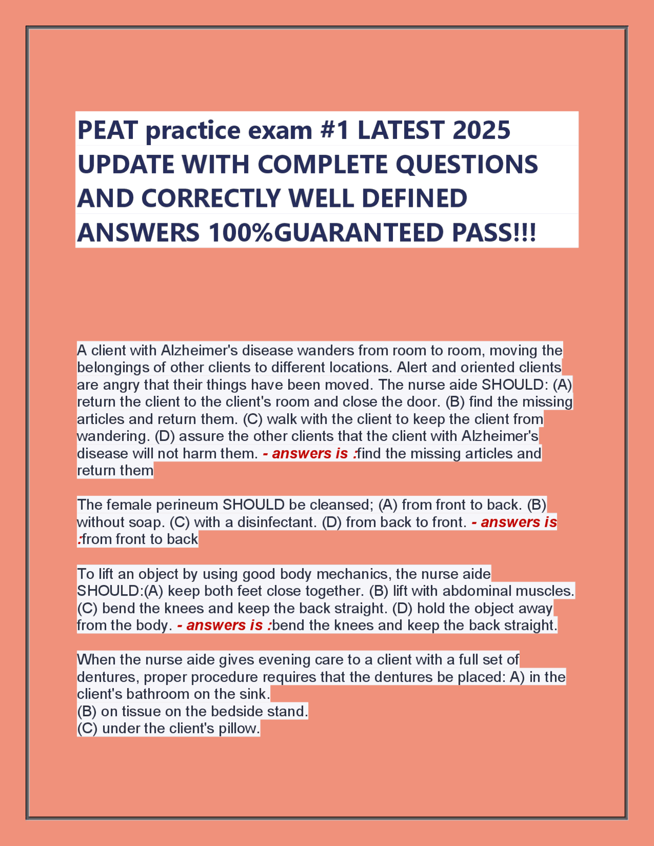 PEAT practice exam #1 LATEST 2025 UPDATE WITH COMPLETE QUESTIONS AND ...