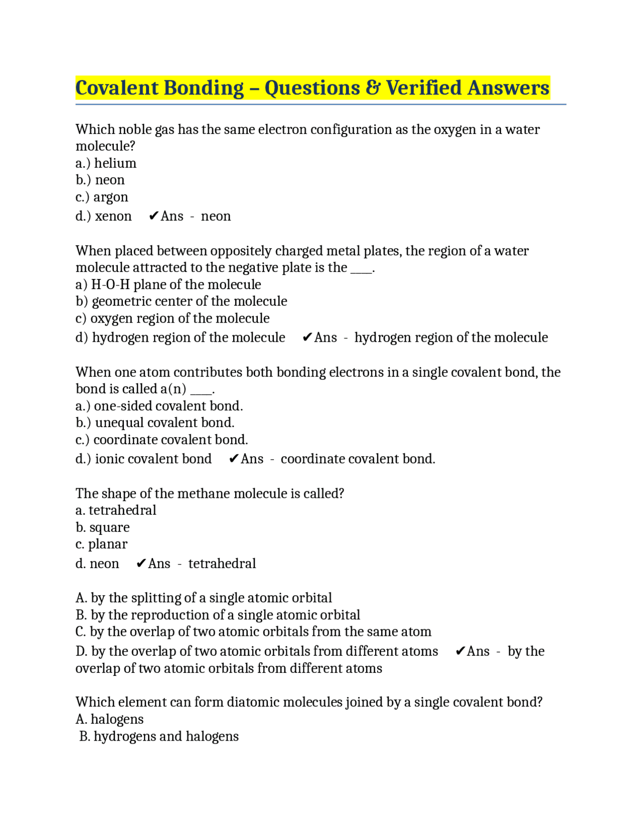 Covalent Bonding – Questions & Verified Answers | Exams Nursing | Docsity