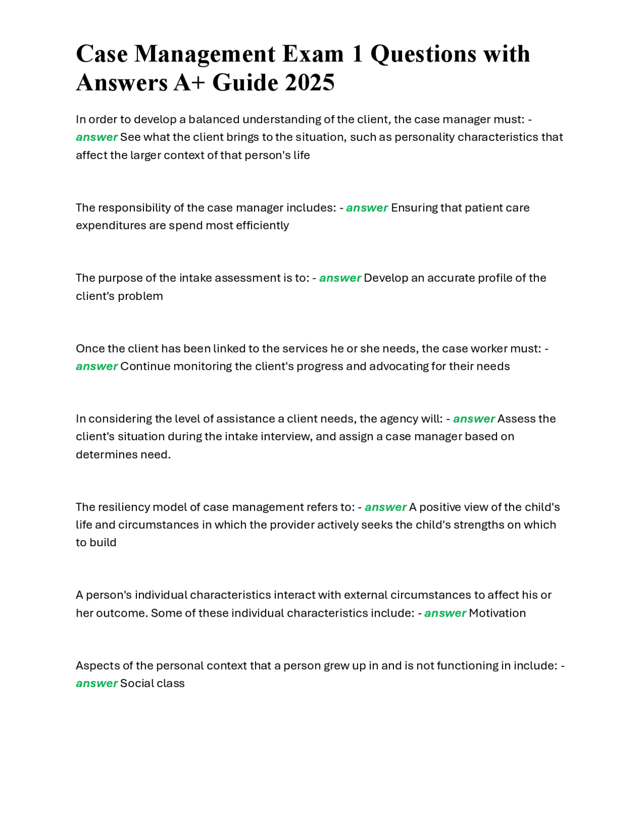 Case Management Exam 1 Questions with Answers A+ Guide 2025 | Exams Social Sciences | Docsity