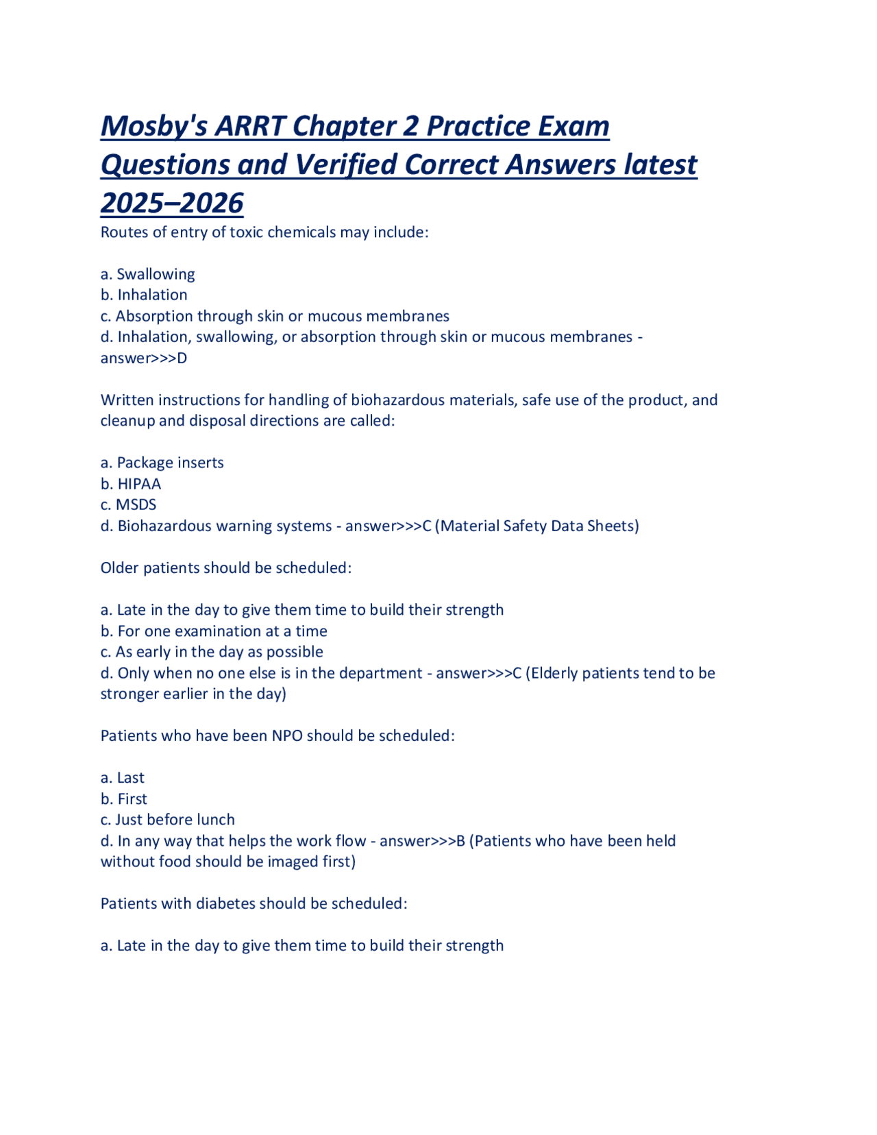 Mosby's ARRT Chapter 2 Practice Exam Questions and Verified Correct ...