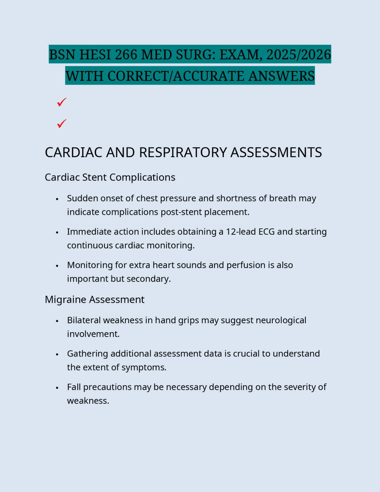 BSN HESI 266 MED SURG: EXAM, 2025/2026 WITH CORRECT/ACCURATE ANSWERS | Exams Nursing | Docsity