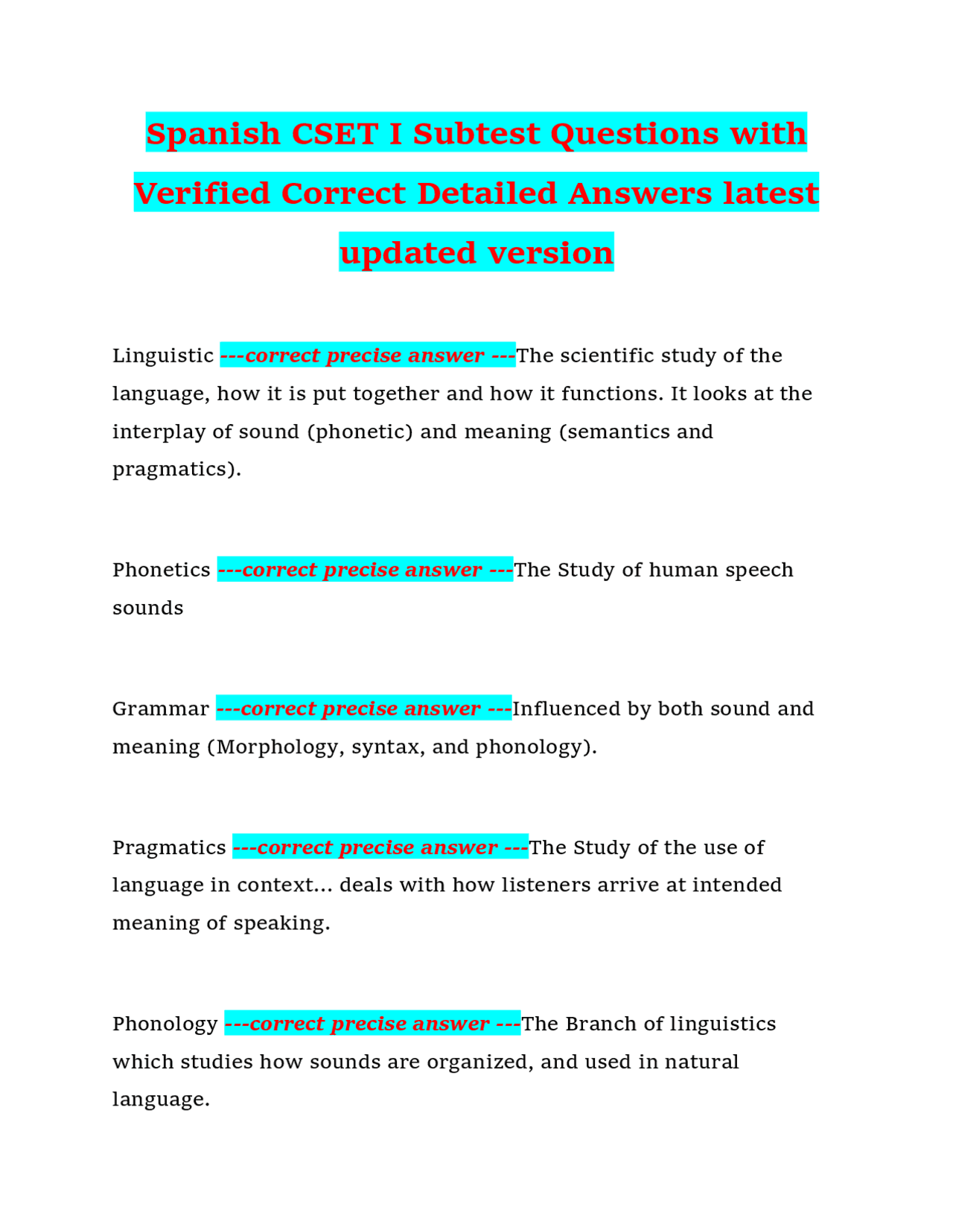 Spanish CSET I Subtest Questions with Verified Correct Detailed Answers ...