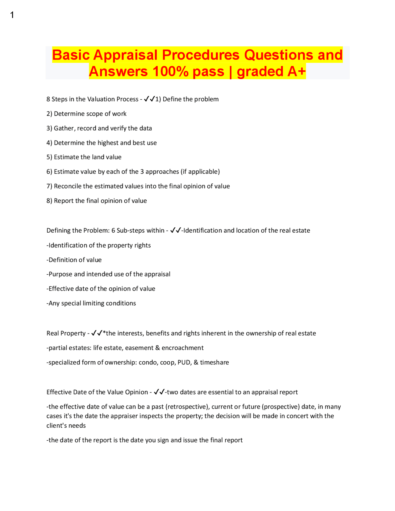 Basic Appraisal Procedures Questions and Answers 100% pass | graded A+ ...