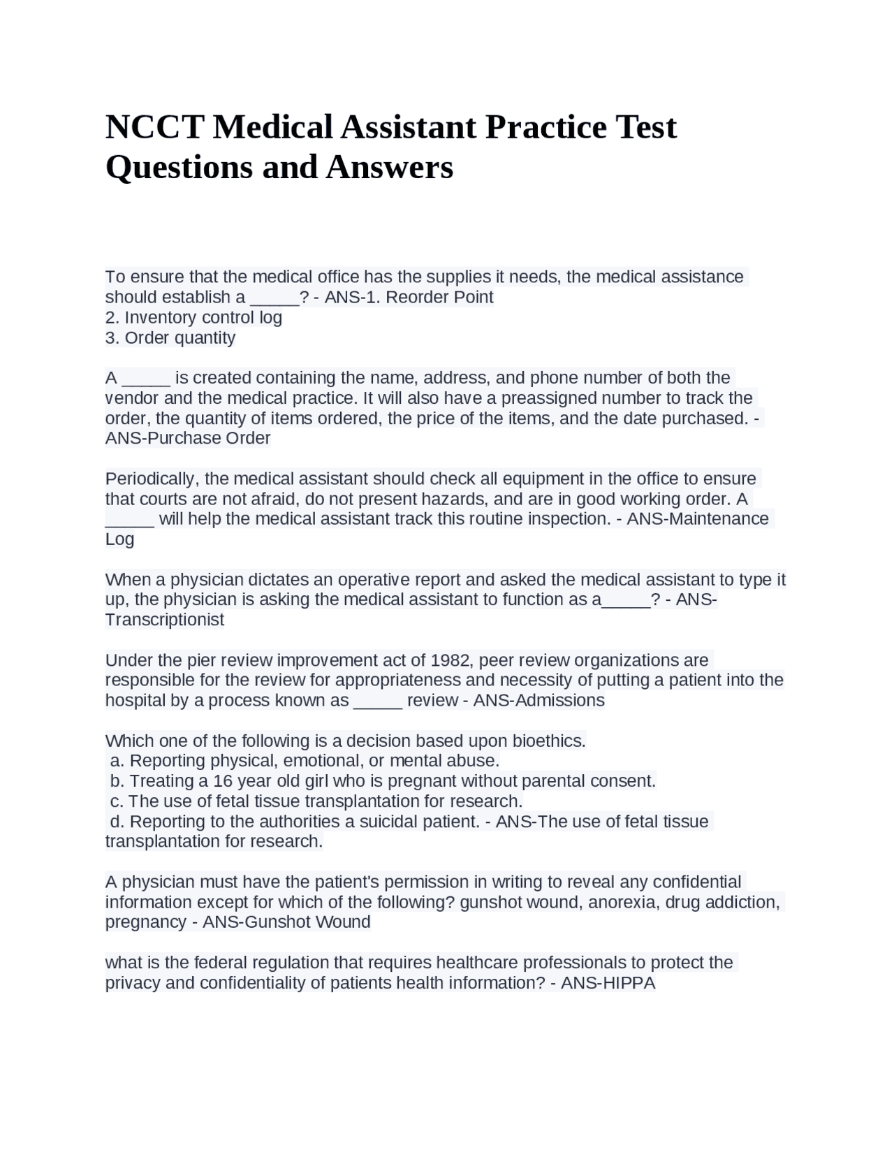 NCCT Medical Assistant Practice Test Questions and Answers | Exams ...