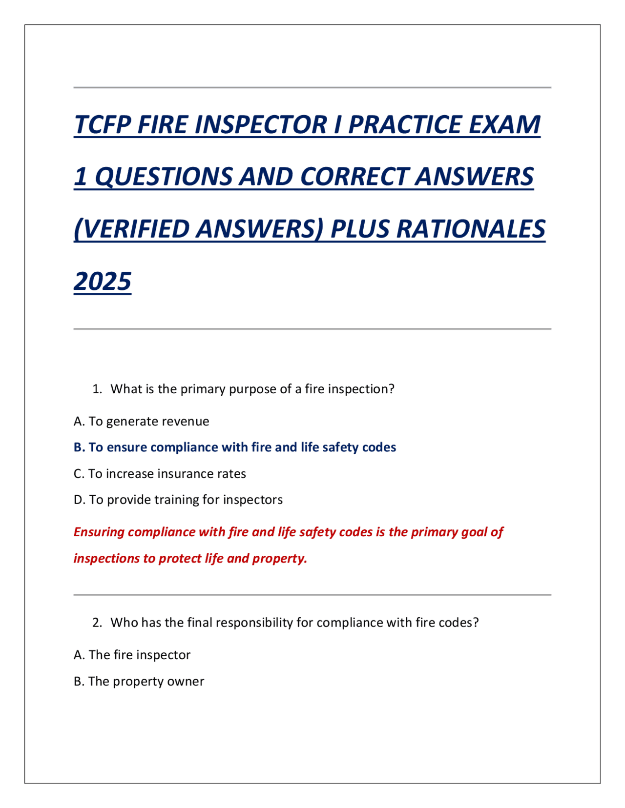 TCFP FIRE INSPECTOR I PRACTICE EXAM 1 QUESTIONS AND CORRECT ANSWERS ...