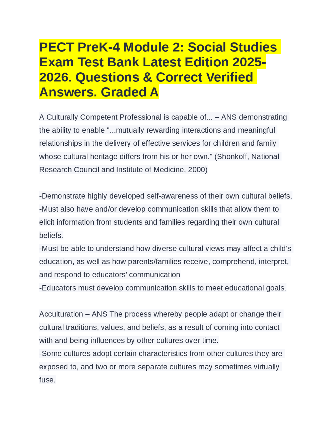 PECT PreK-4 Module 2: Social Studies Exam Test Bank Latest Edition 2025 ...