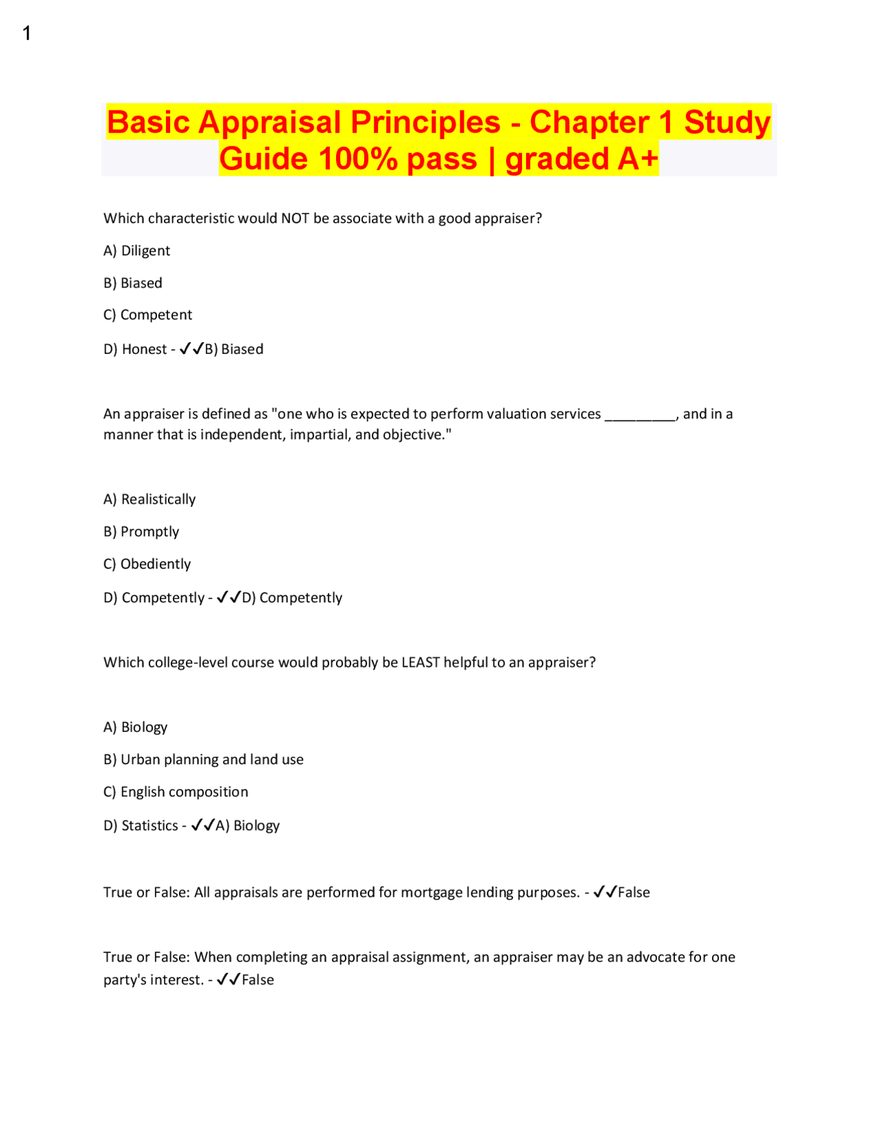 Basic Appraisal Principles - Chapter 1 Study Guide 100% pass | graded A+ Which characteri ...