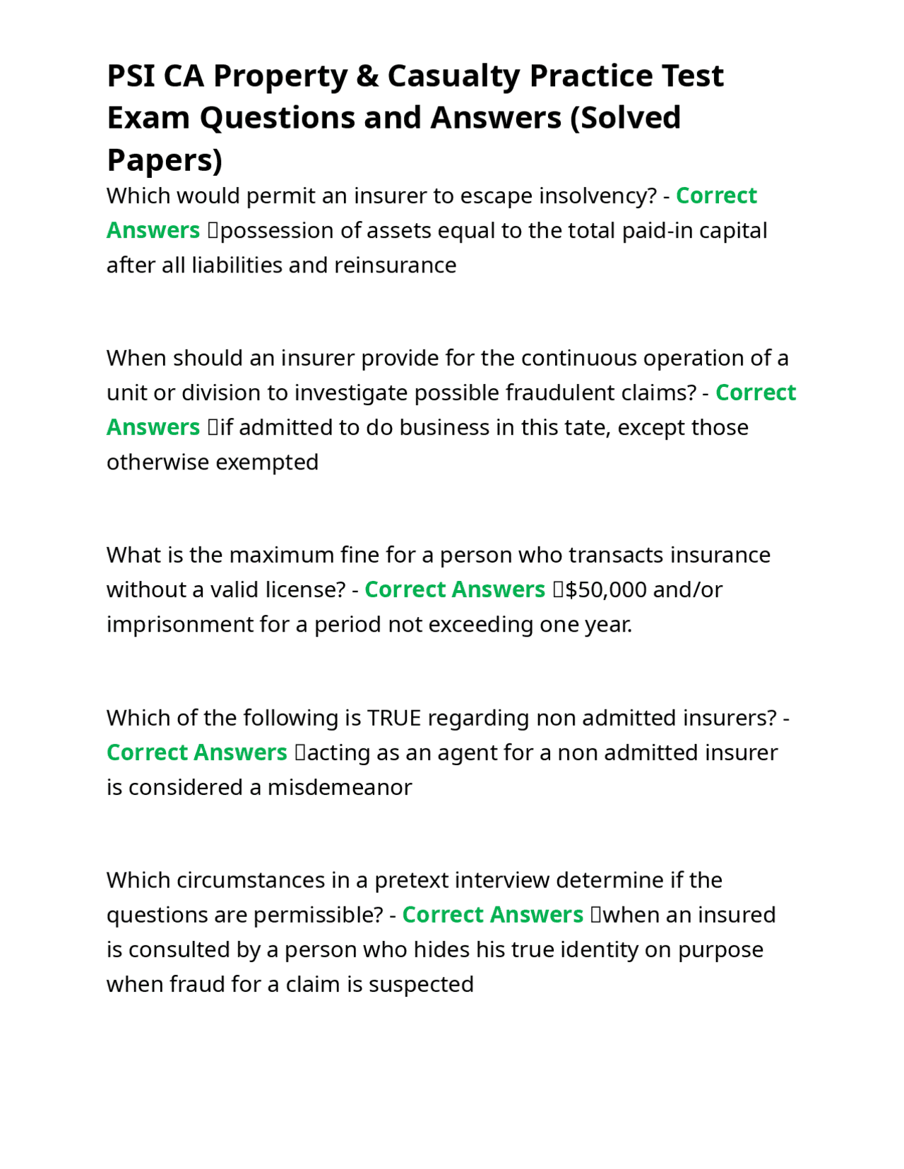 PSI CA Property & Casualty Practice Test Exam Questions and Answers ...