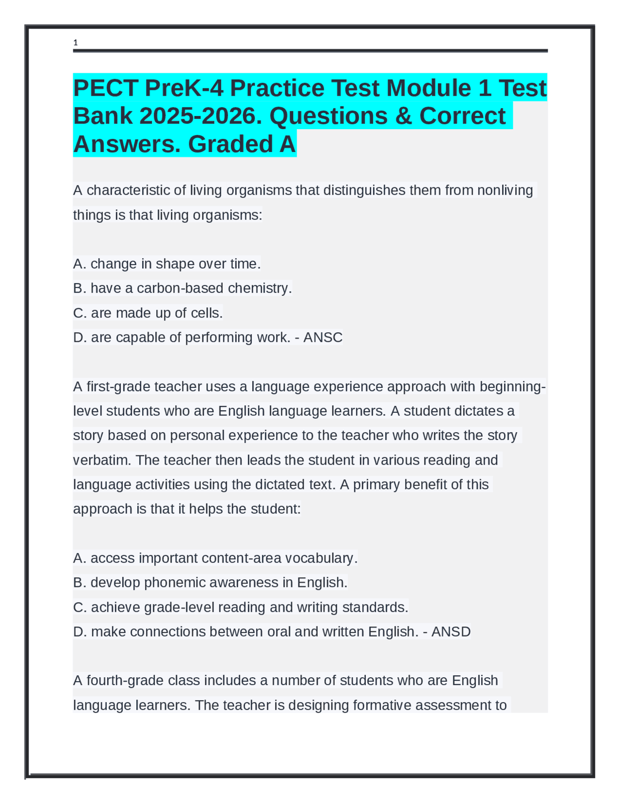 PECT PreK-4 Practice Test Module 1 Test Bank 2025-2026.Questions ...
