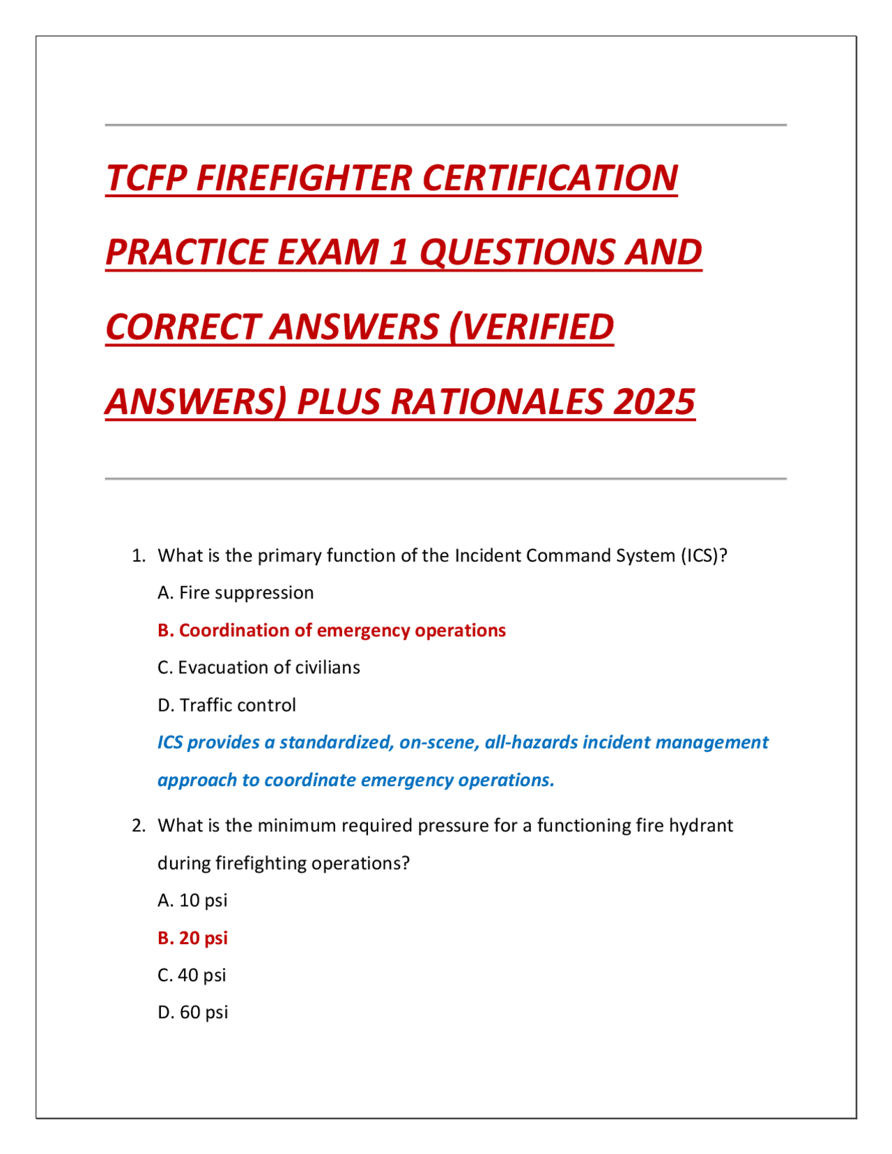 TCFP FIREFIGHTER CERTIFICATION PRACTICE EXAM 1 QUESTIONS AND CORRECT ...