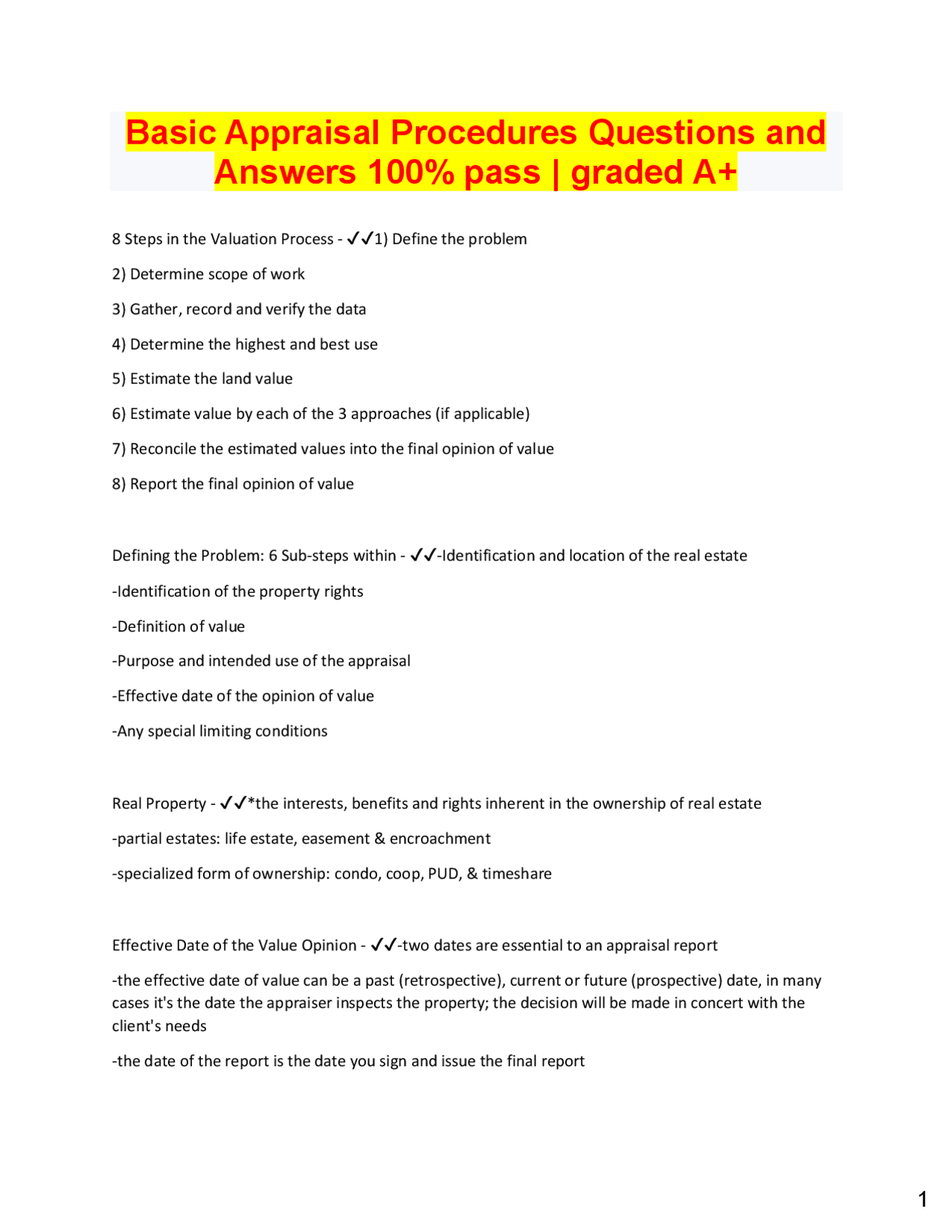 Basic Appraisal Procedures Questions and Answers 100% pass | graded A+ ...