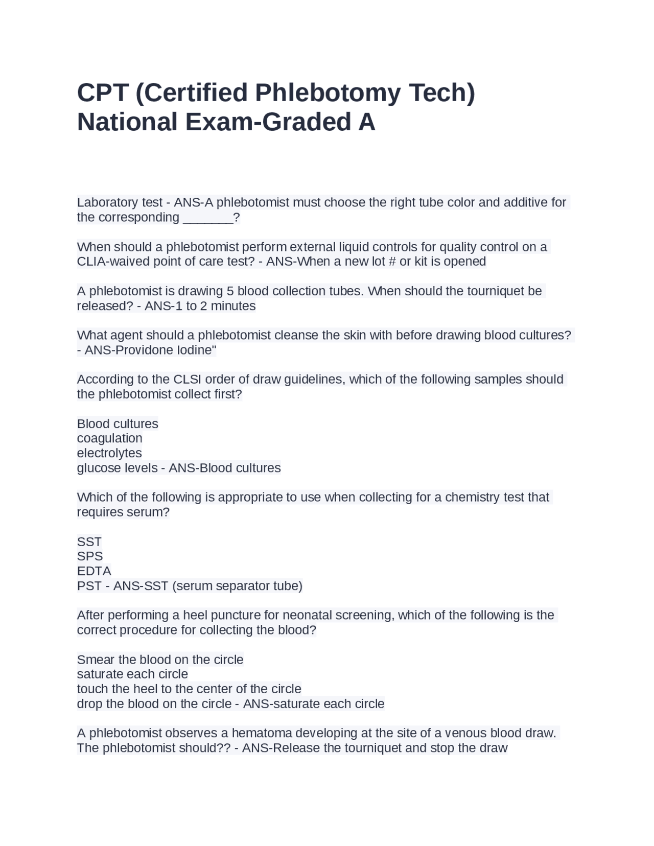 CPT (Certified Phlebotomy Tech) National Exam-Graded A | Exams Advanced ...