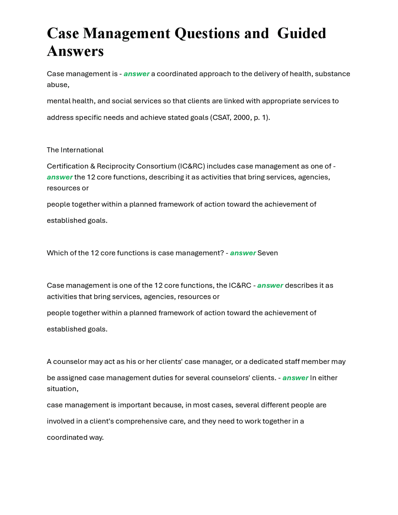 Case Management Questions and Guided Answers | Exams Medicine | Docsity