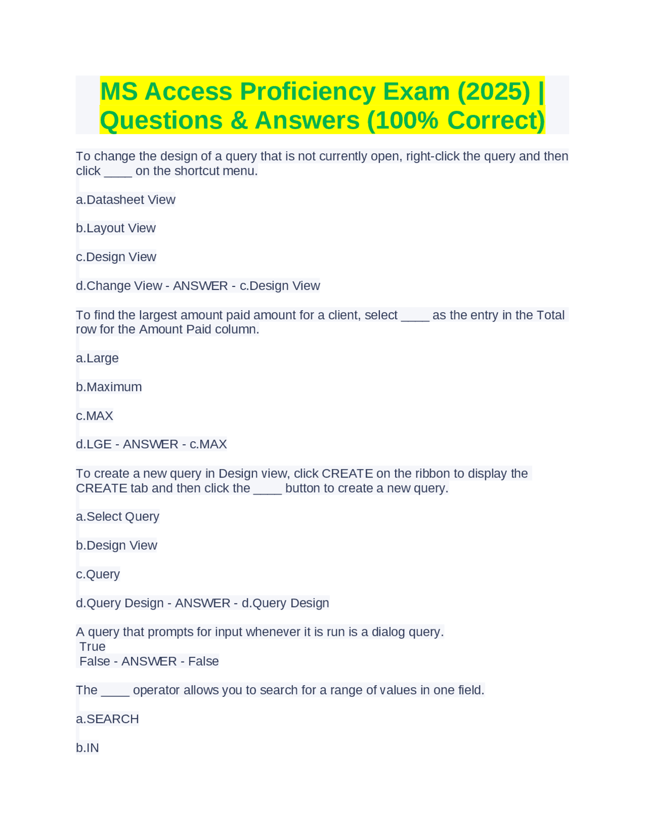 MS Access Proficiency Exam (2025) | Questions & Answers (100% Correct) | Exams Microsoft Access ...