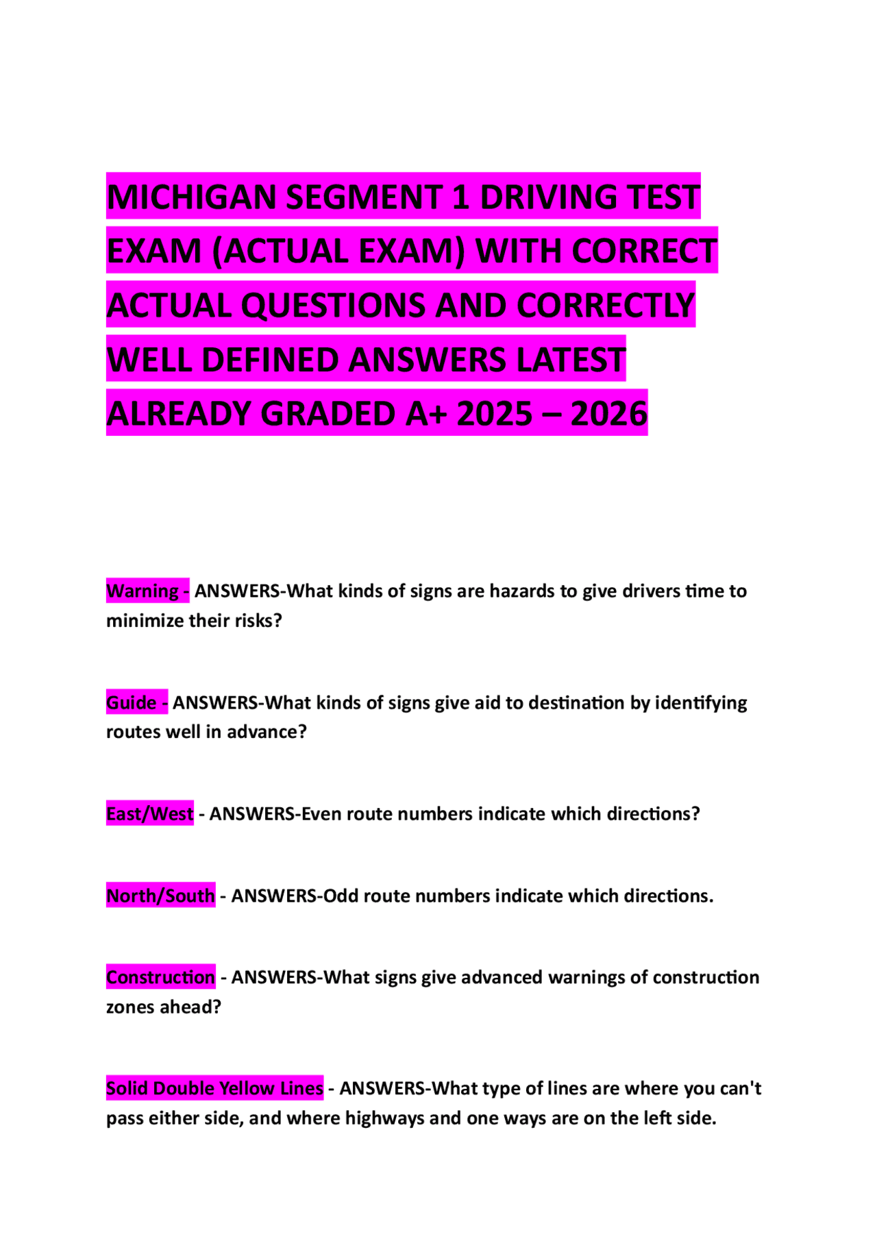 MICHIGAN SEGMENT 1 DRIVING TEST EXAM (ACTUAL EXAM) WITH CORRECT ACTUAL ...