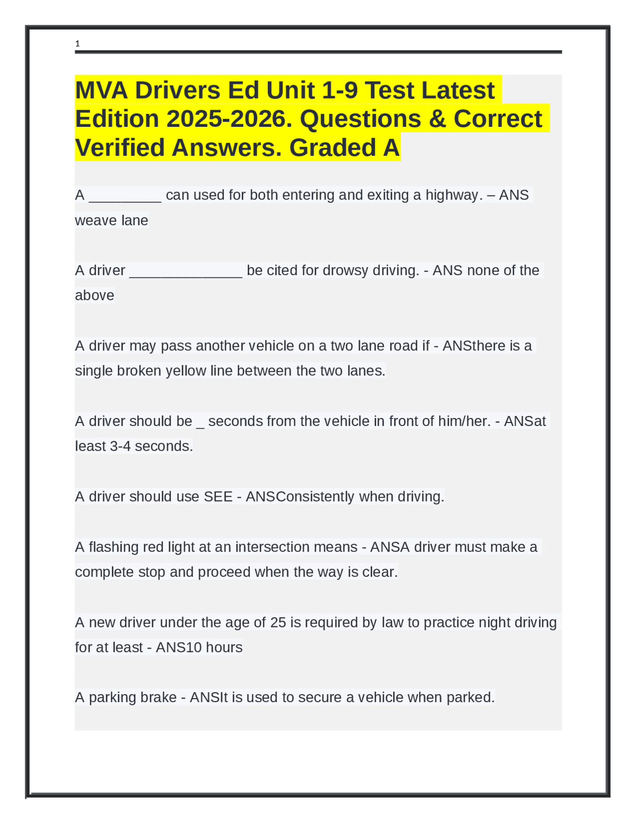 MVA Drivers Ed Unit 1-9 Test Latest Edition 2025-2026. Questions ...