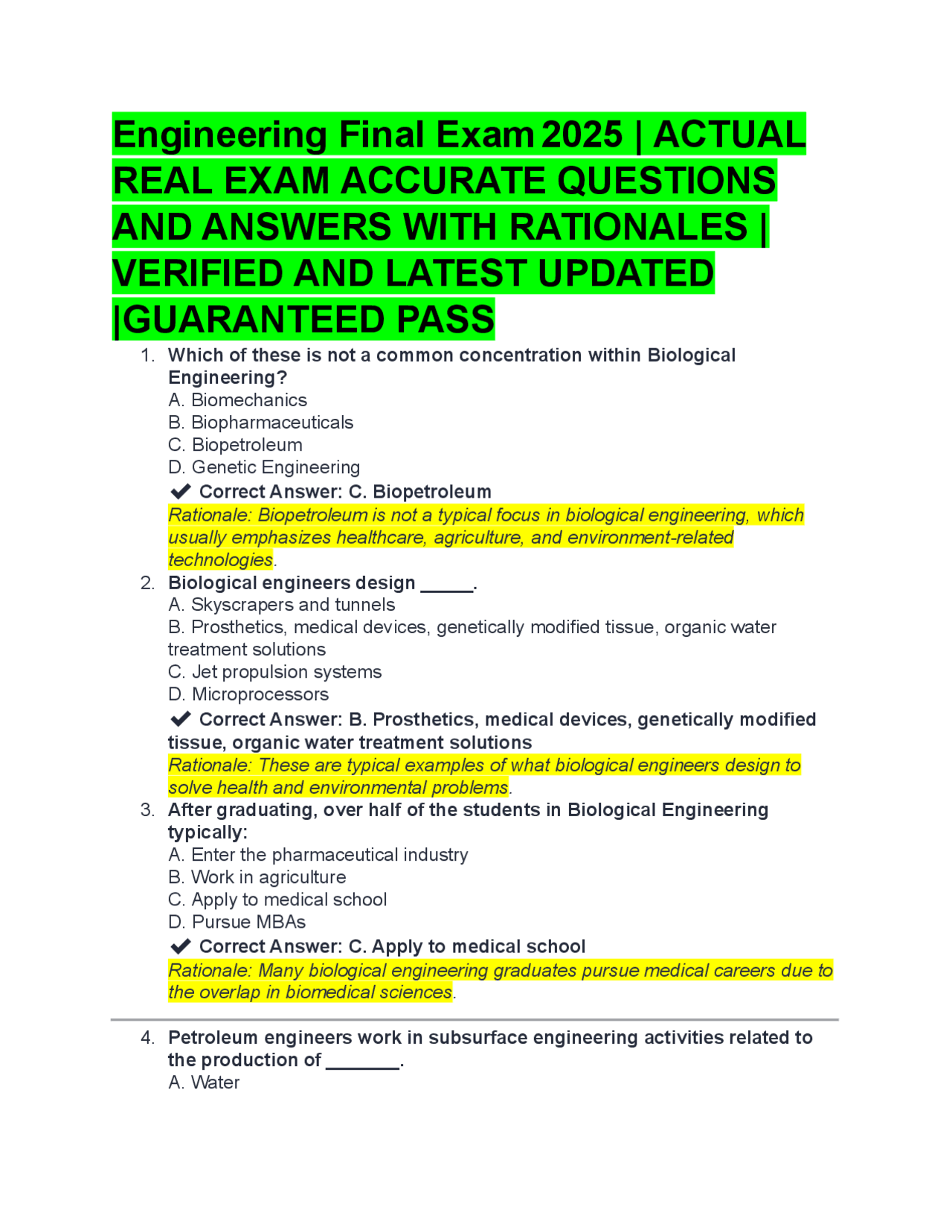 Engineering Final Exam 2025 | ACTUAL REAL EXAM ACCURATE QUESTIONS AND ...