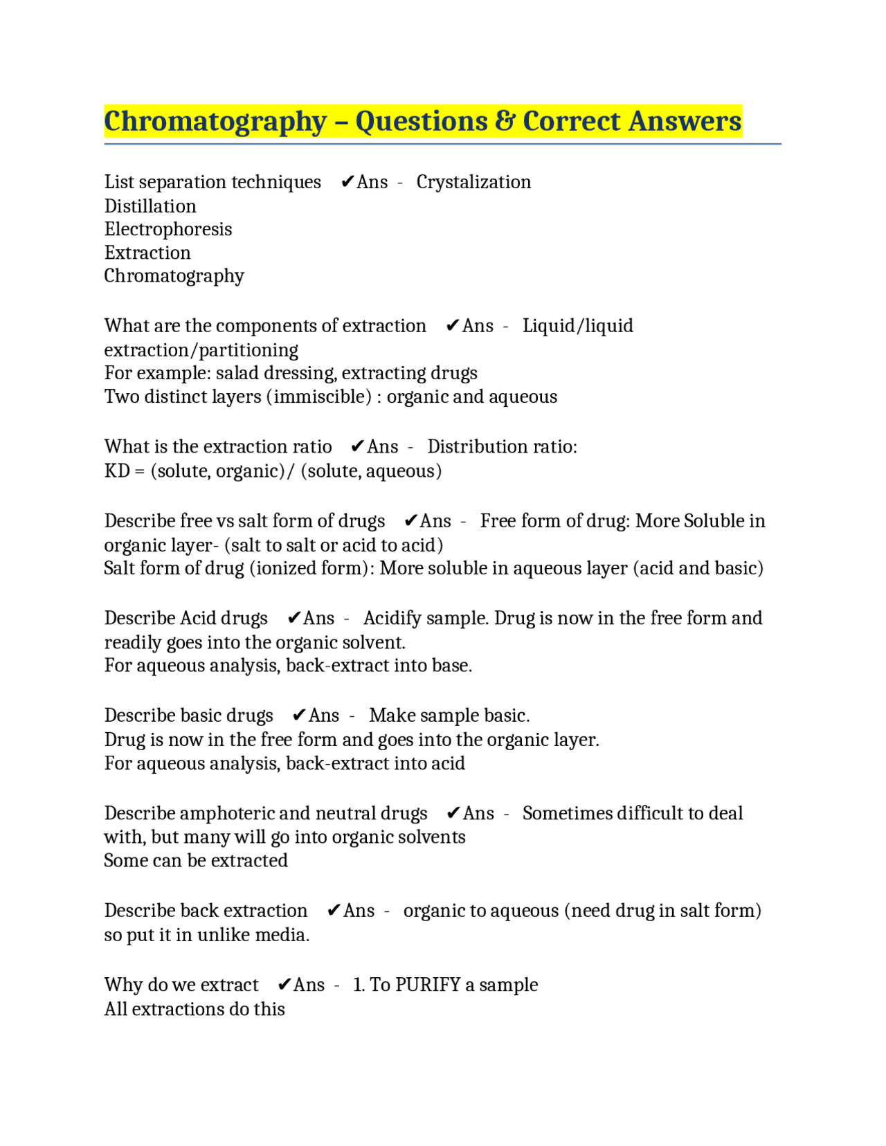 Chromatography – Questions & Correct Answers | Exams Nursing | Docsity