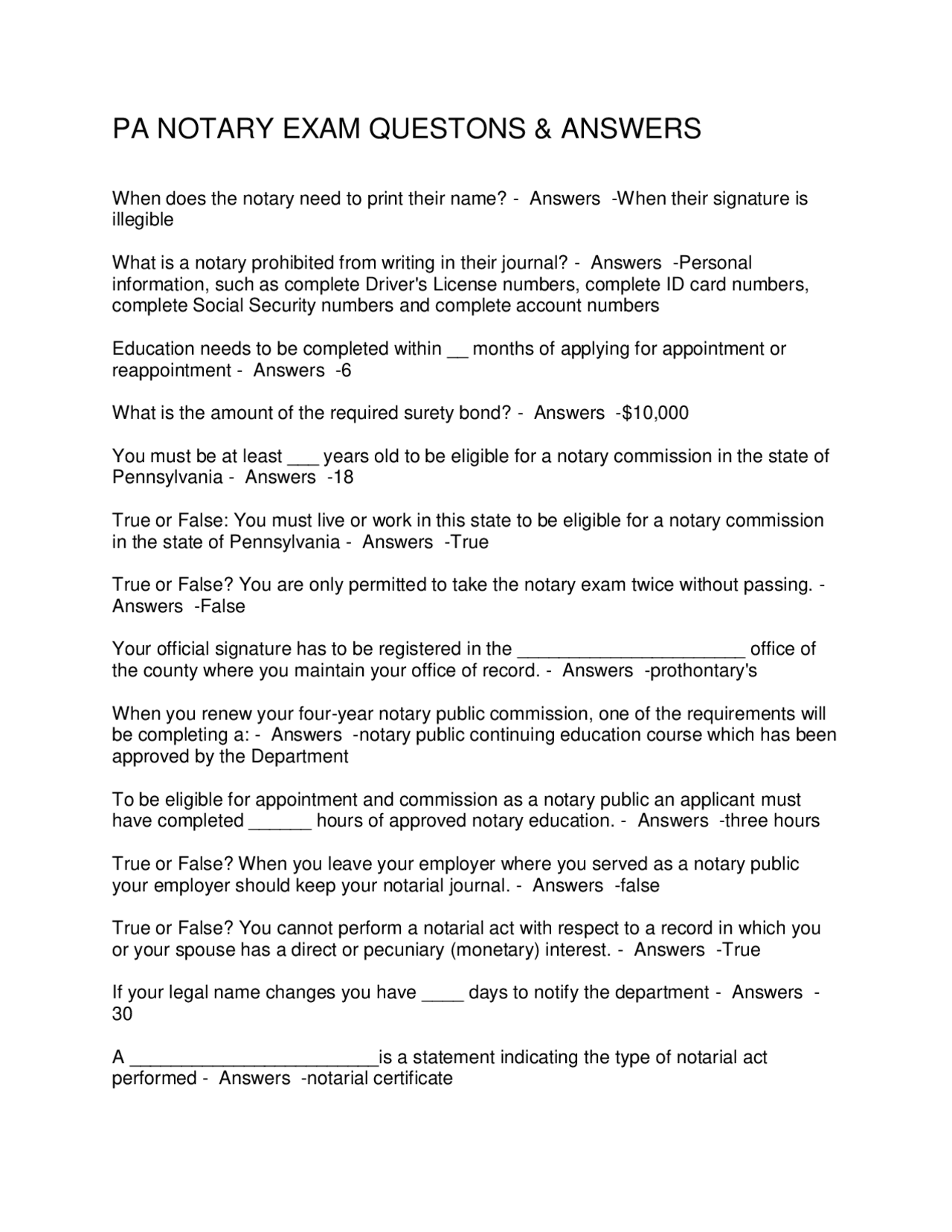 PA NOTARY EXAM QUESTONS & ANSWERS | Exams Social Sciences | Docsity