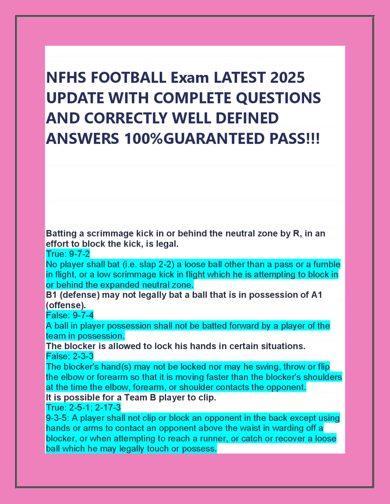 NFHS FOOTBALL Exam LATEST 2025 UPDATE WITH COMPLETE QUESTIONS AND ...
