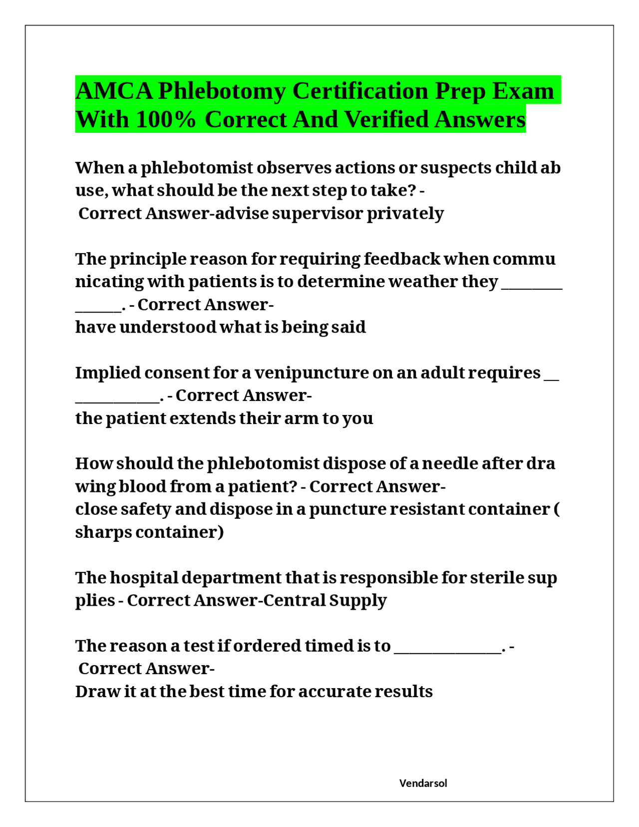 AMCA Phlebotomy Certification Prep Exam With 100% Correct And Verified ...