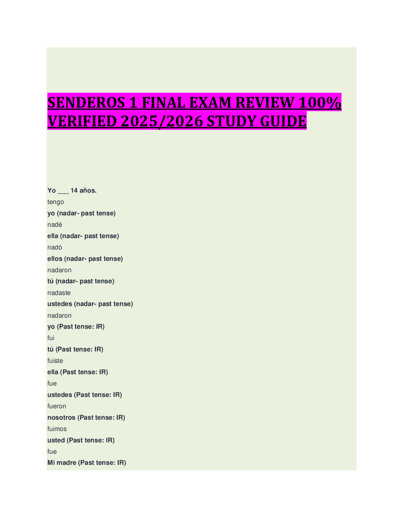 SENDEROS 1 FINAL EXAM REVIEW 100% VERIFIED 2025/2026 STUDY GUIDE ...