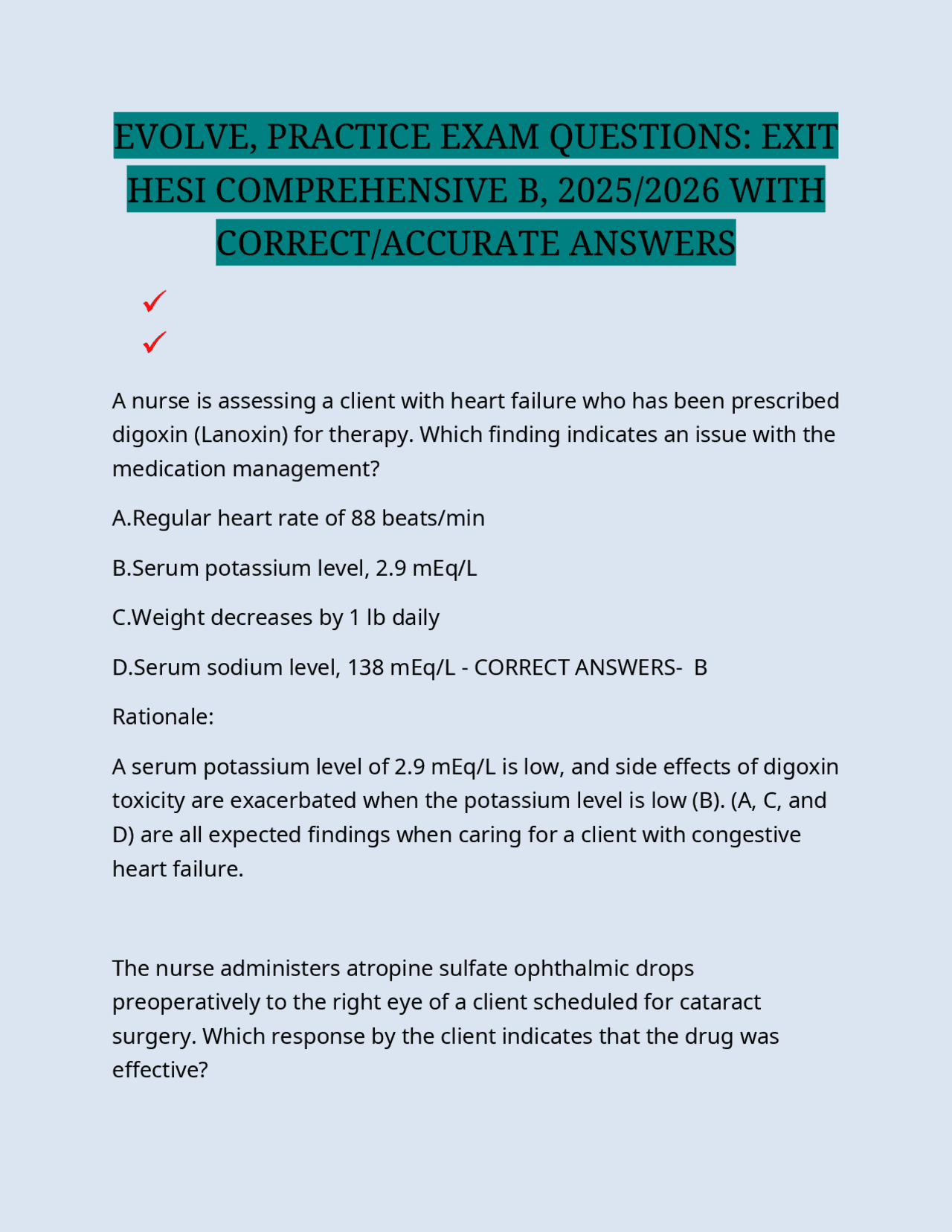 EVOLVE, PRACTICE EXAM QUESTIONS: EXIT HESI COMPREHENSIVE B, 2025/2026 ...