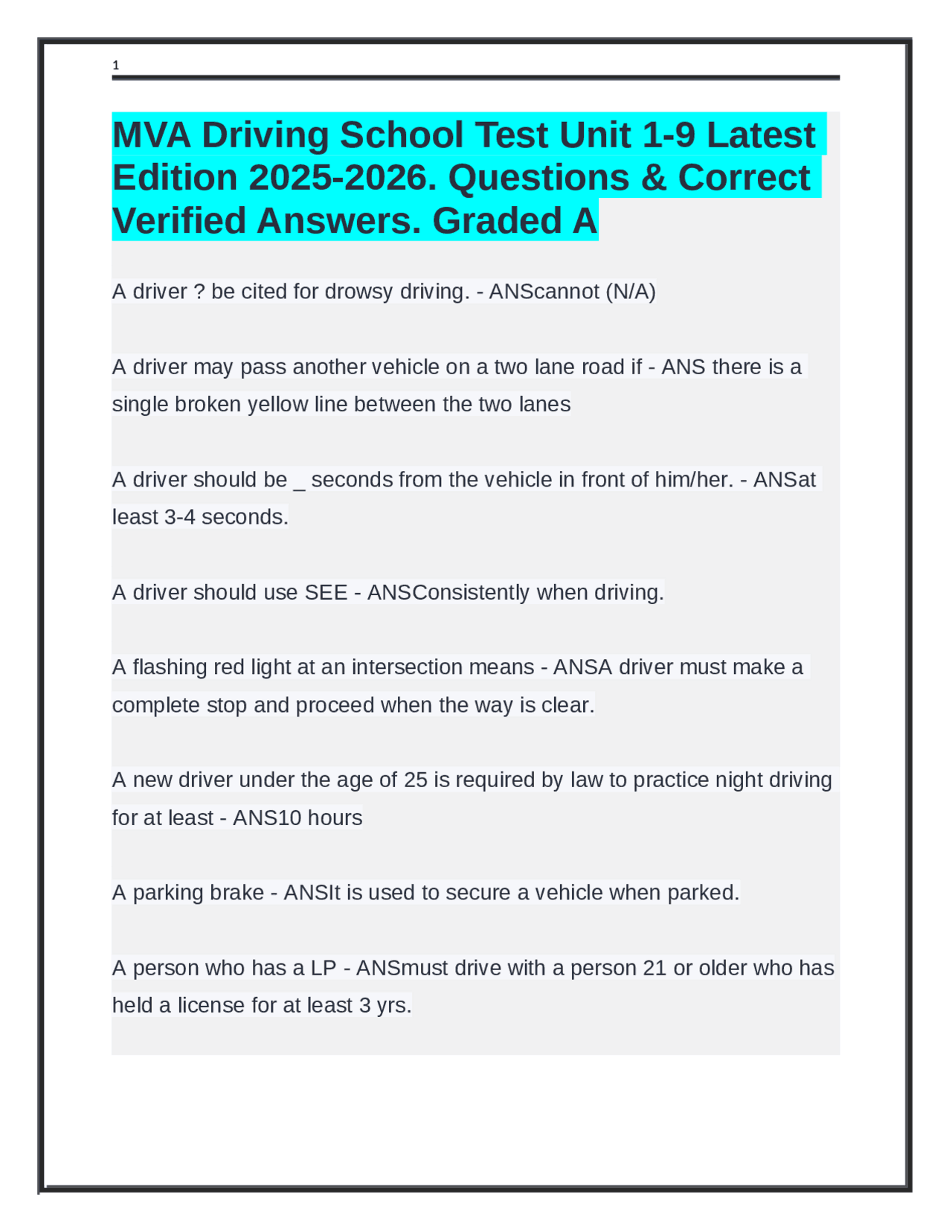 MVA Driving School Test Unit 1-9 Latest Edition 2025-2026. Questions ...
