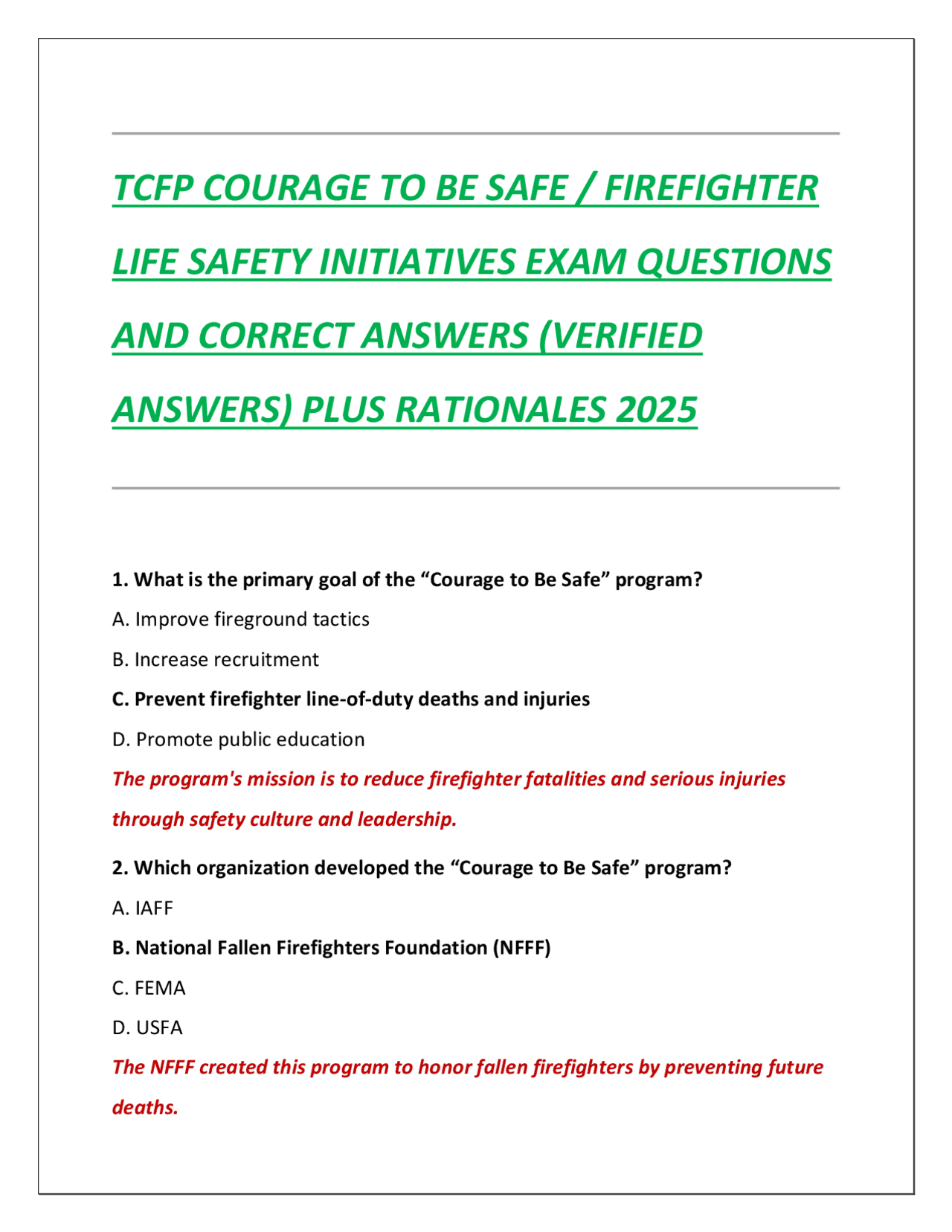 TCFP COURAGE TO BE SAFE / FIREFIGHTER LIFE SAFETY INITIATIVES EXAM ...