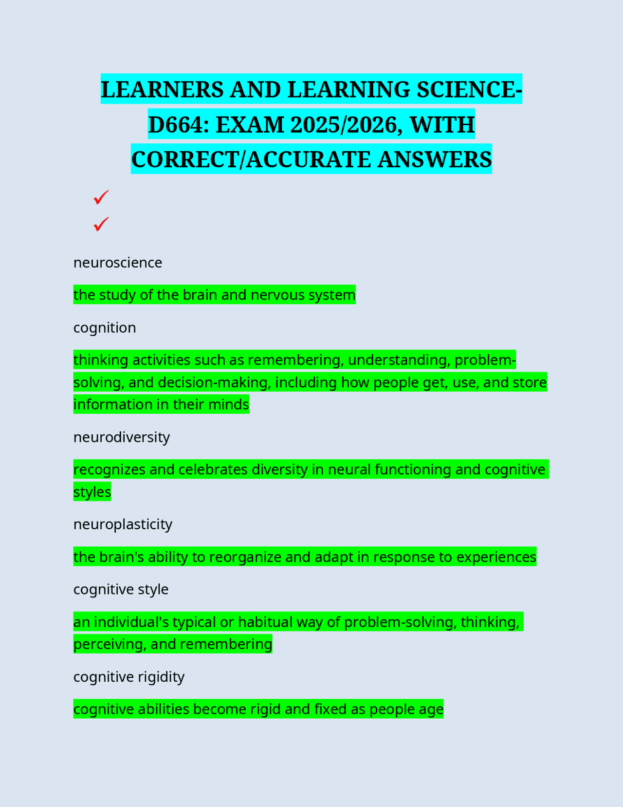 LEARNERS AND LEARNING SCIENCE- D664: EXAM 2025/2026, WITH CORRECT ...