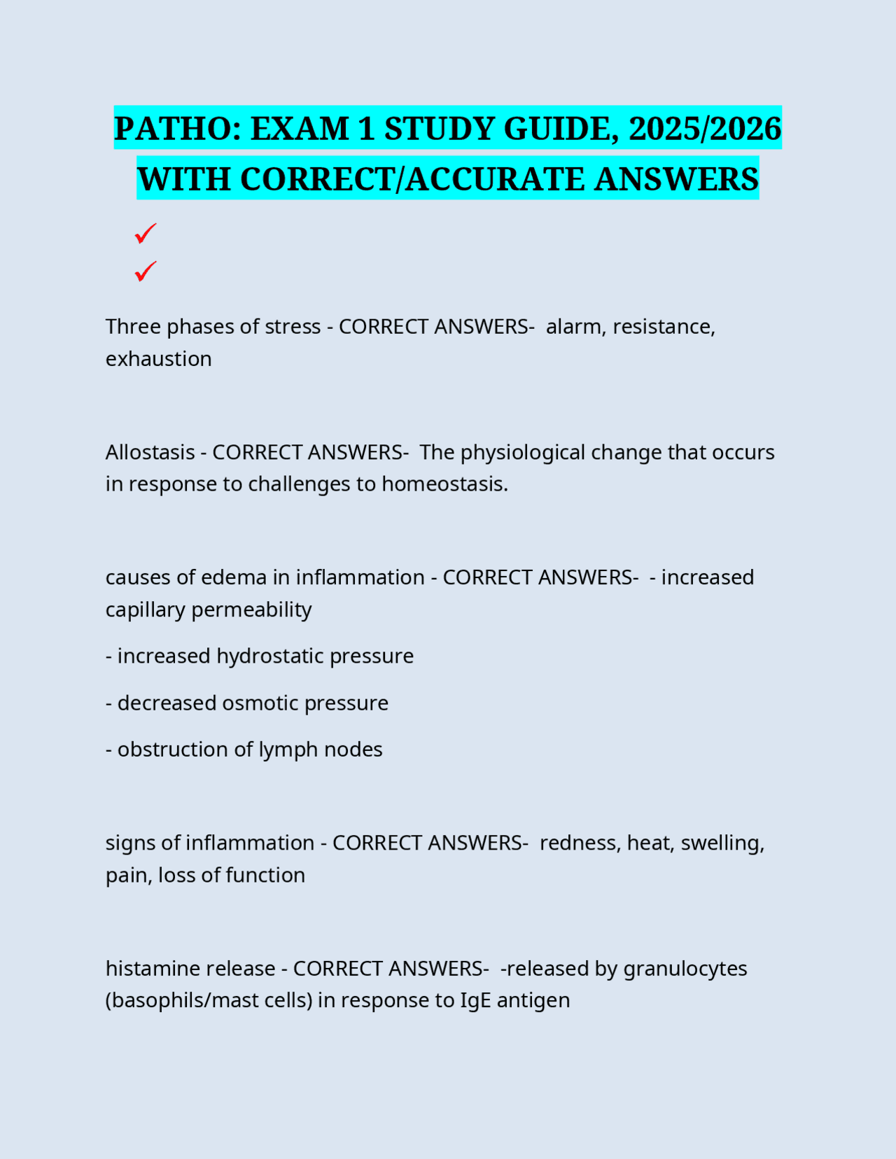 PATHO: EXAM 1 STUDY GUIDE, 2025/2026 WITH CORRECT/ACCURATE ANSWERS ...
